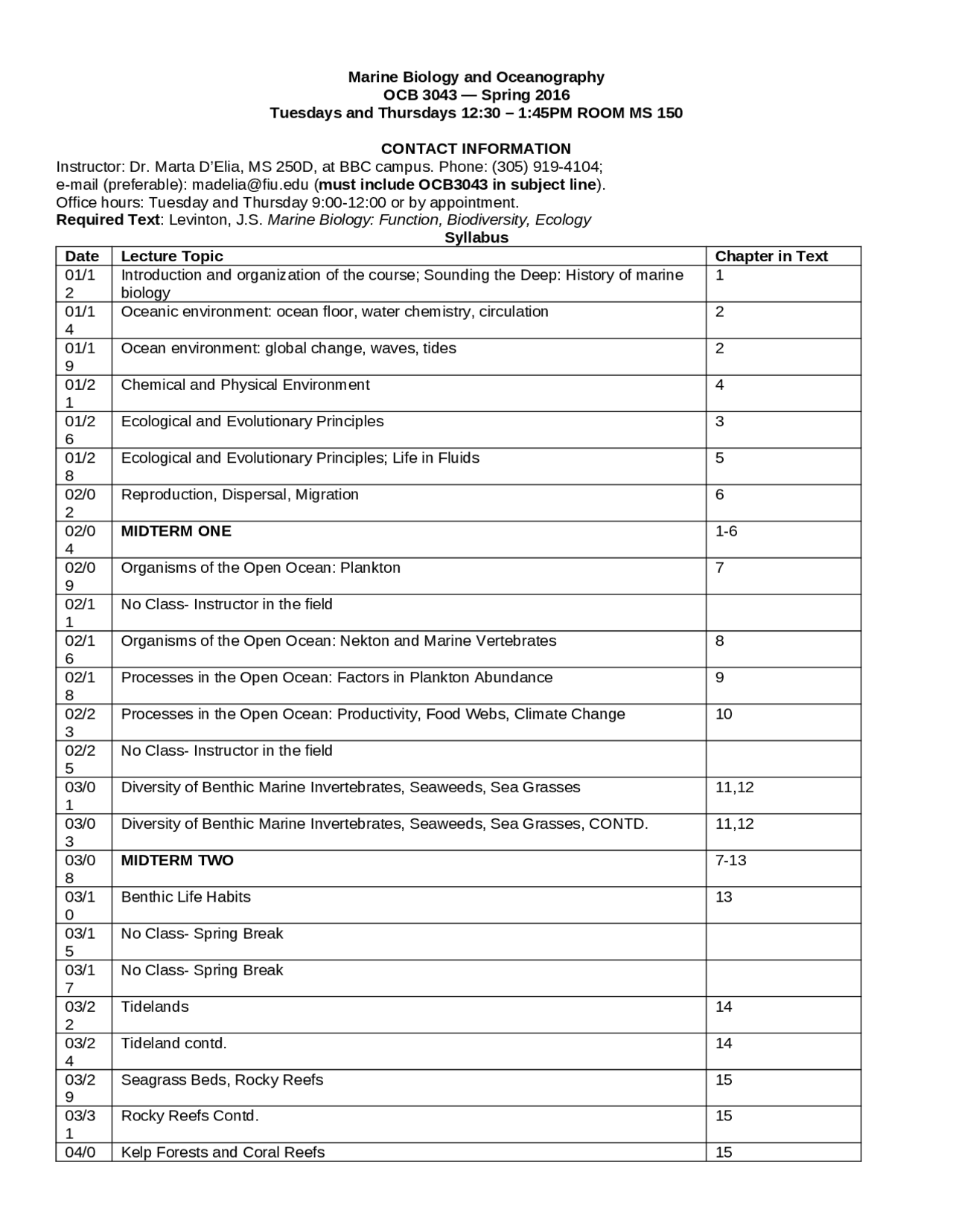 Syllabus for Marine Biology and Oceanography | OCB 3043 | Lecture notes ...