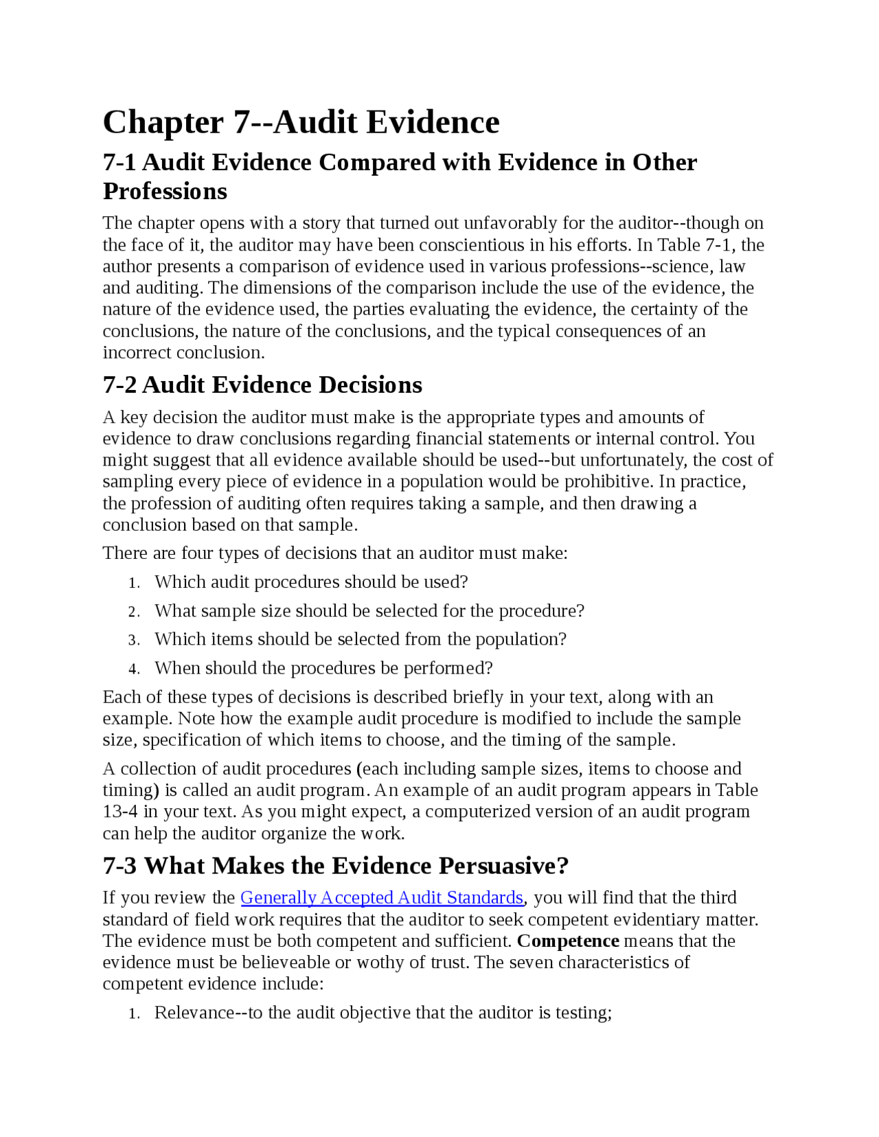 Chapter 7 audit evidence | Lecture notes Accounting | Docsity