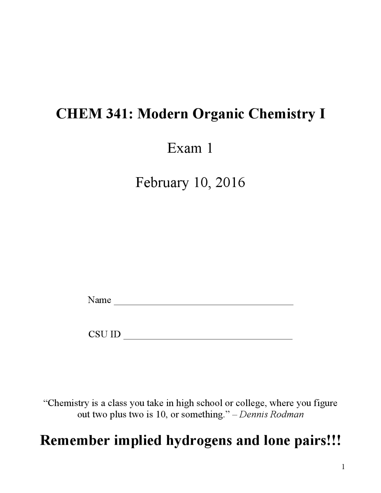 Exam 1 With Solution Modern Organic Chemistry I Chem 341 Docsity
