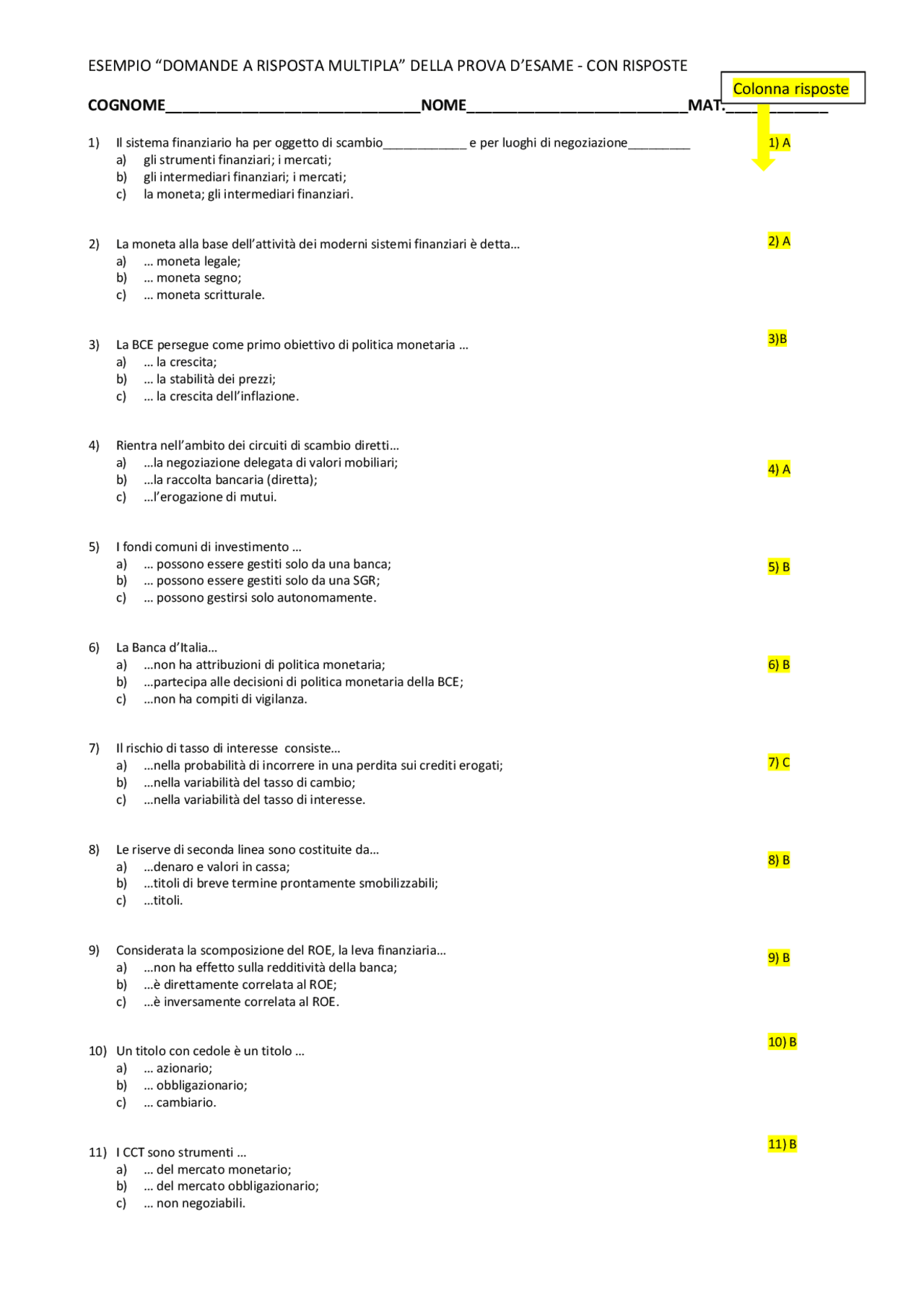 Economia E Politica Monetaria Risposte Multiple Docsity