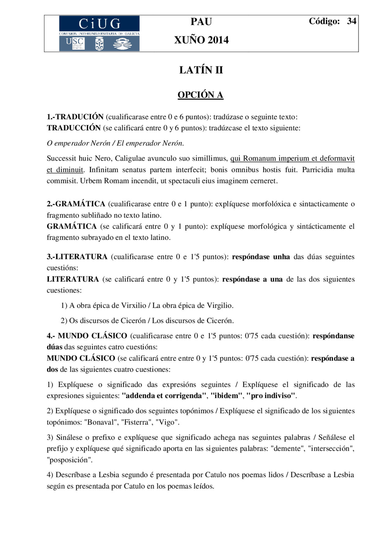 Texto Pau Latín Galicia Exámenes Selectividad De Latín Docsity