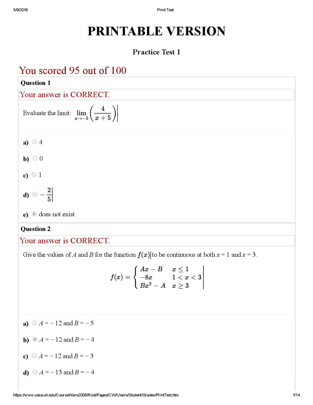 Calculus II - 24 MCQs with Right Answer | MATH 1432 | Exams Calculus | Docsity
