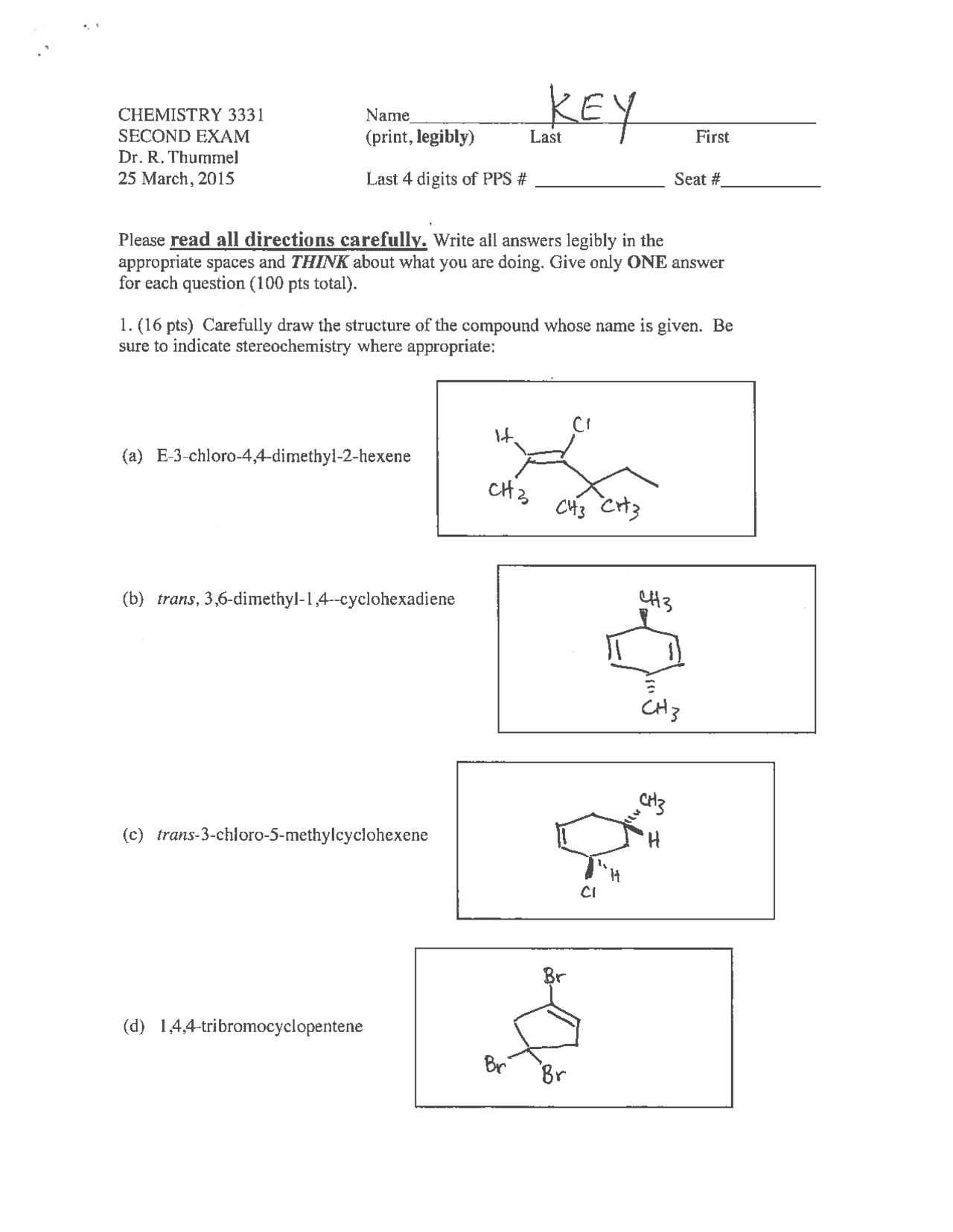 Solved Exam For Fundamentals Of Organic Chemistry I Chem 3331 Docsity