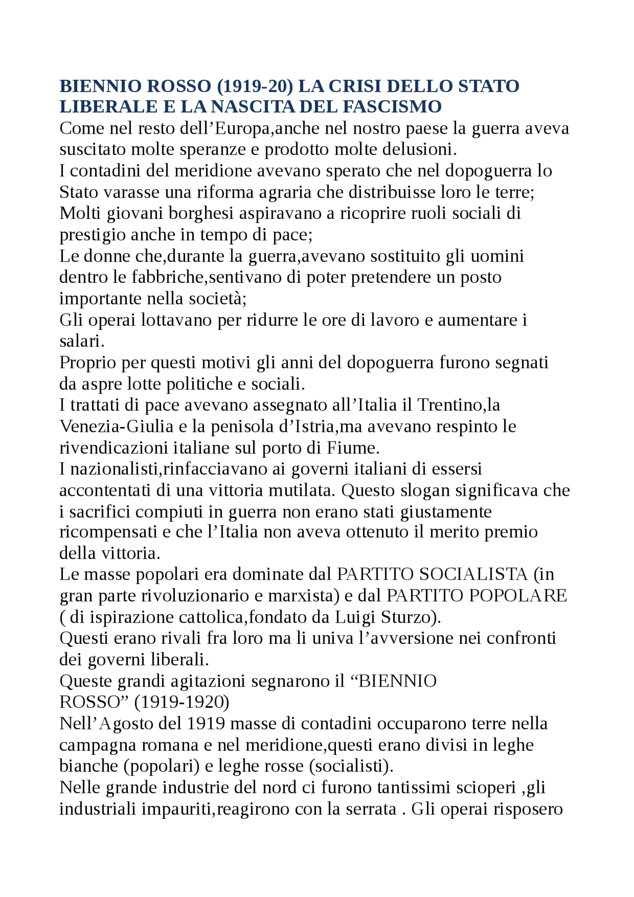 Biennio Rosso Docsity