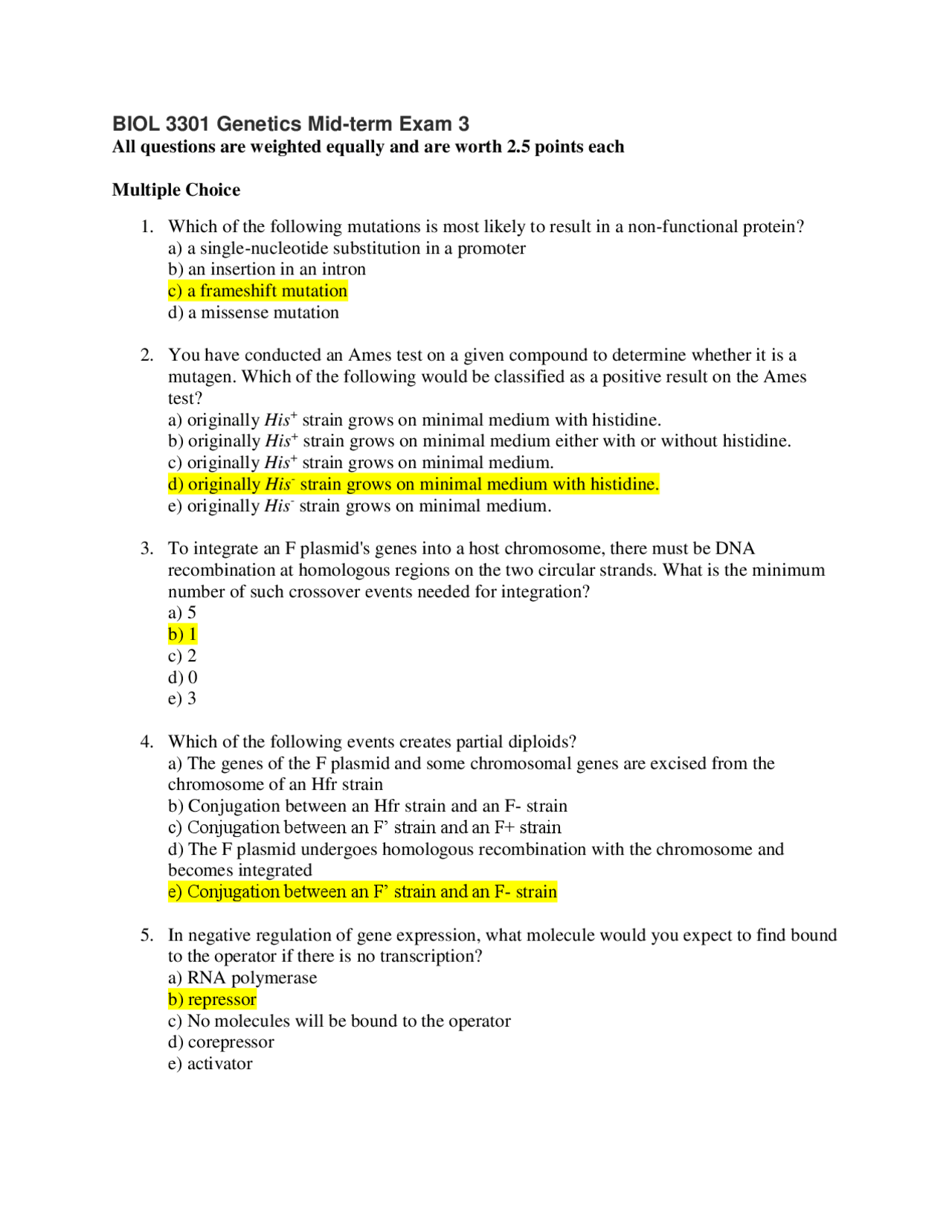 Sample Midterm Exam 3 With Answer Key On Genetics Biol 3301 Docsity