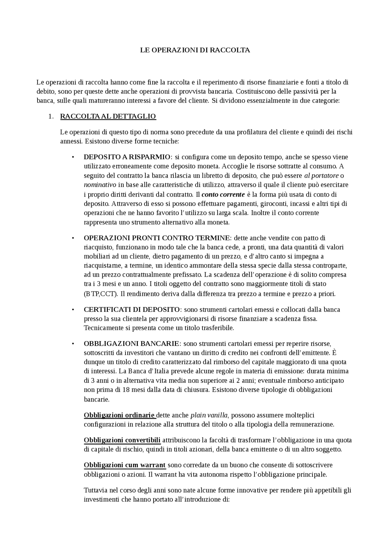 Le Oeprazioni Bancarie Le Operazioni Di Raccolta Docsity