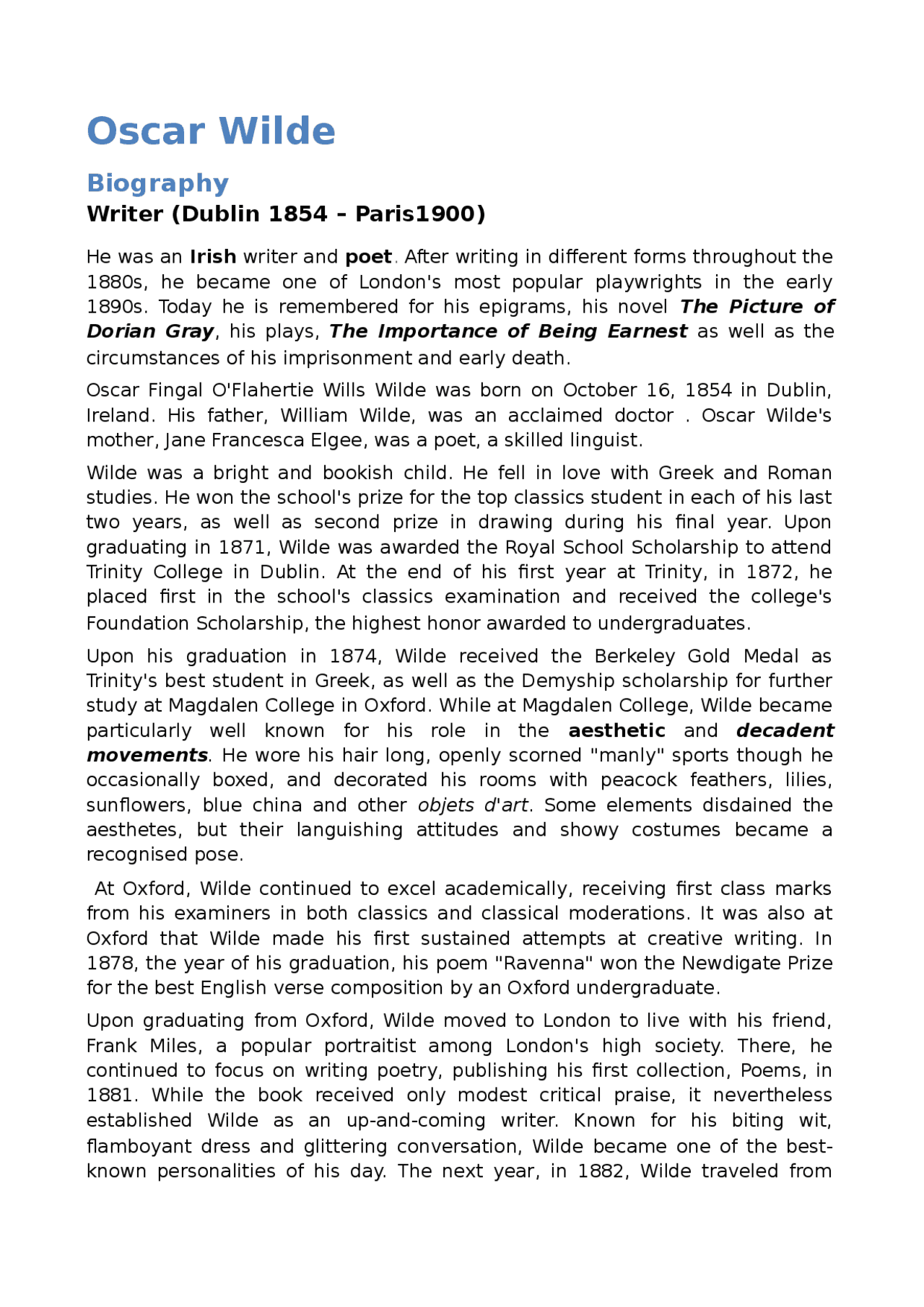Oscar wilde | Resúmenes de Inglés | Docsity