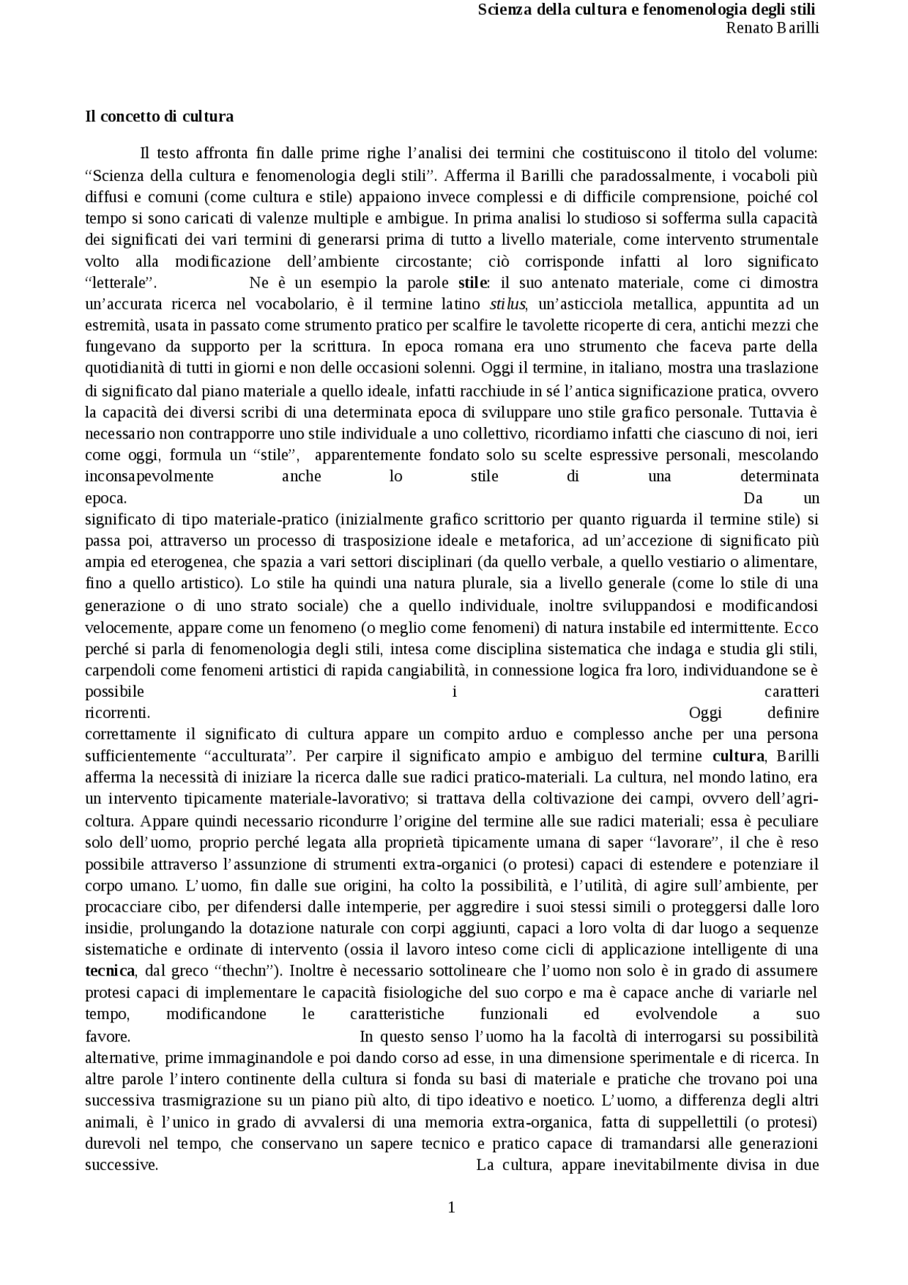 Renato barilli fenomenologia degli stile e storia della cultura - Docsity