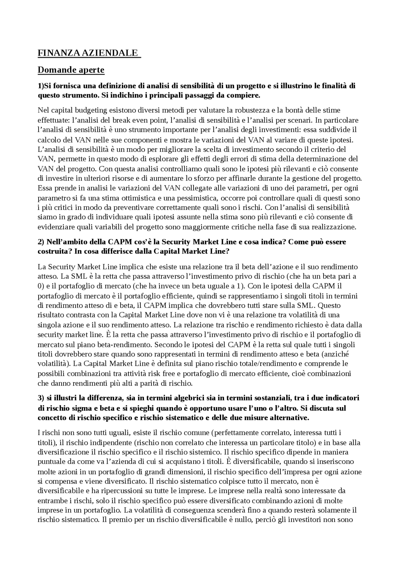 Finanza Aziendale Domande Aperte Prove Desame Di Finanza Docsity