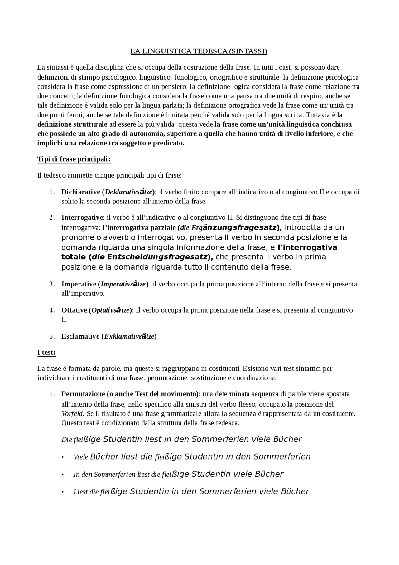 Linguistica Tedesca (sintassi) | Appunti di Lingua Tedesca | Docsity