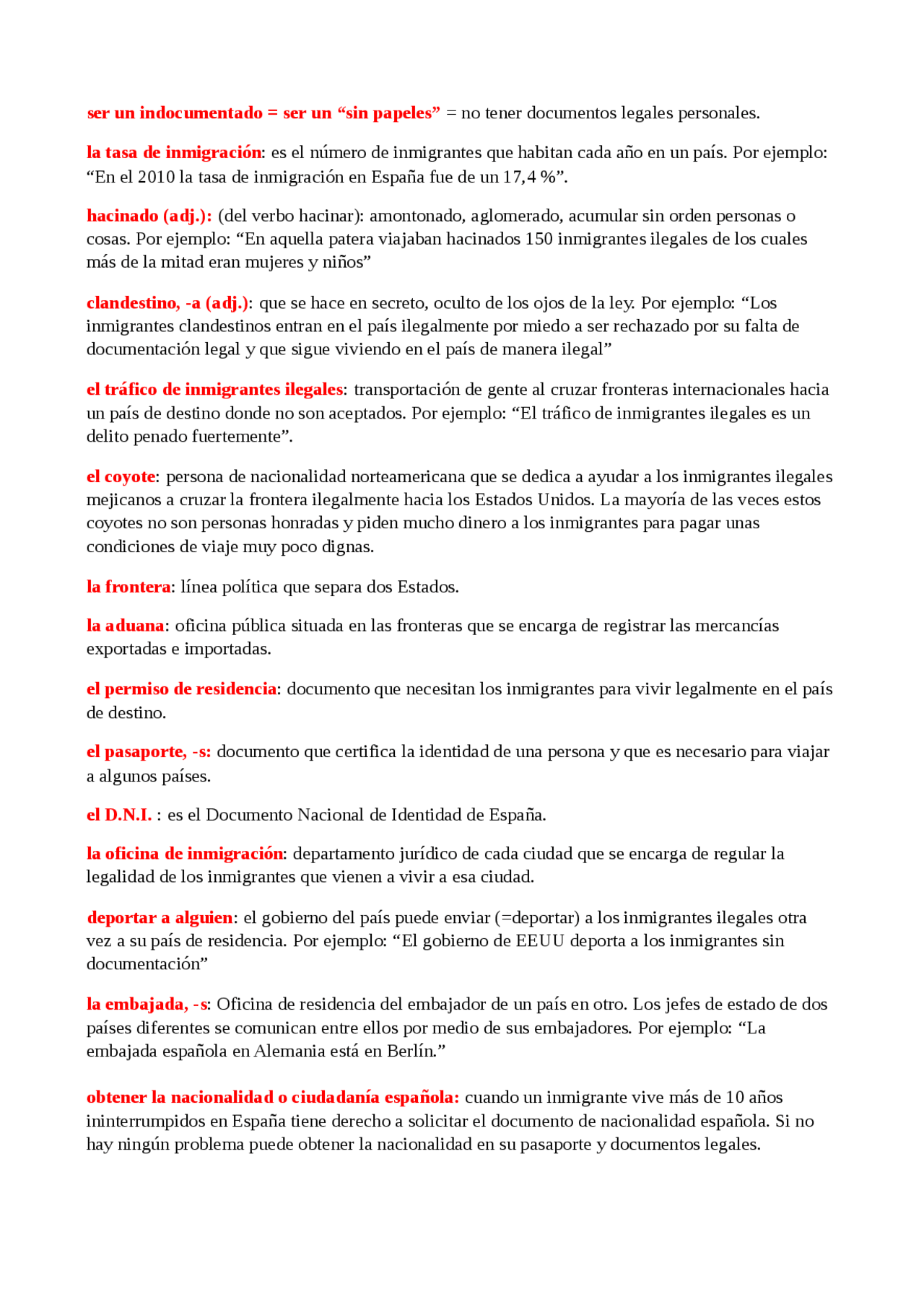 Vocabulario inmigracion - Docsity