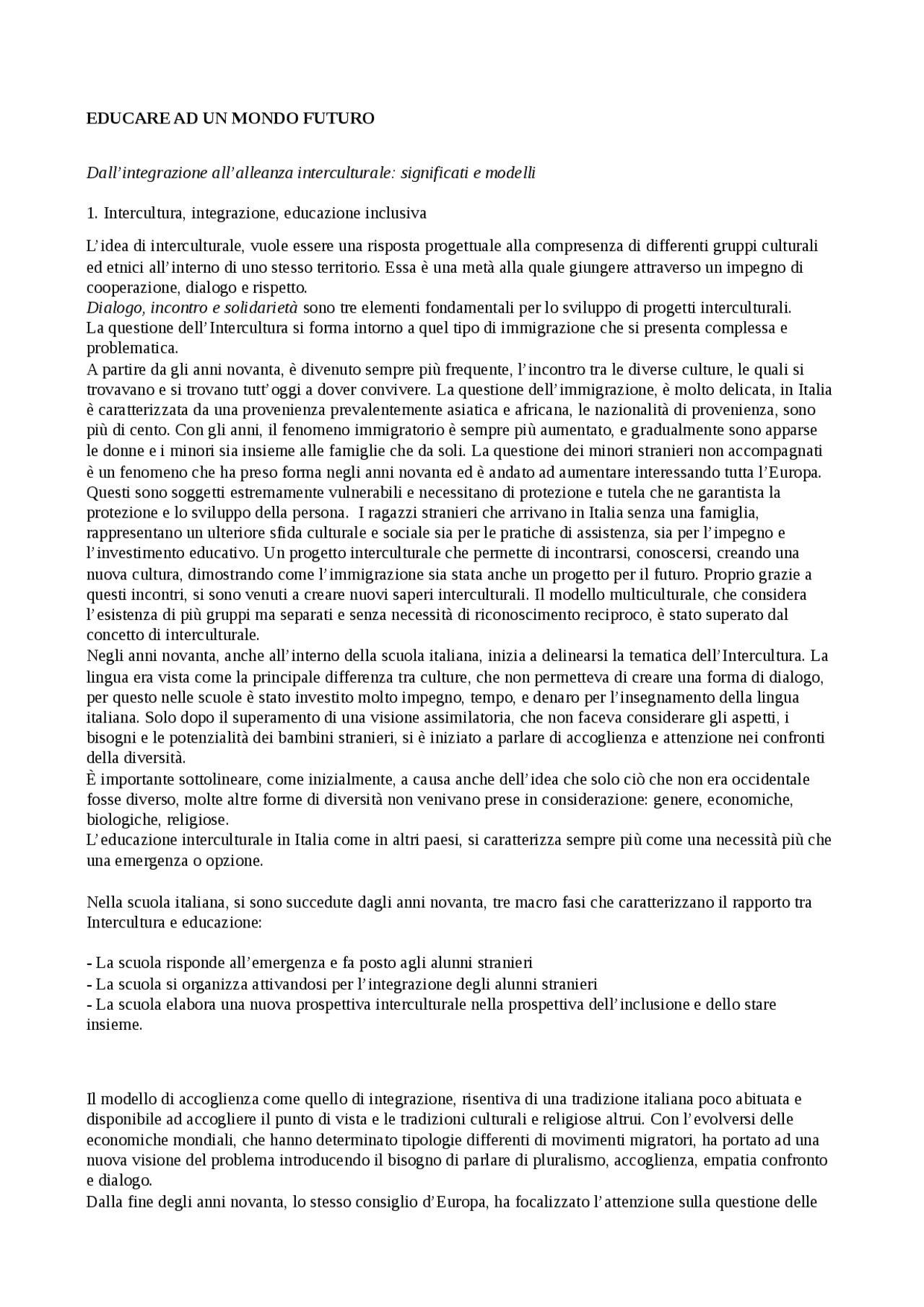 Educare Ad Un Mondo Futuro Appunti Di Pedagogia Docsity