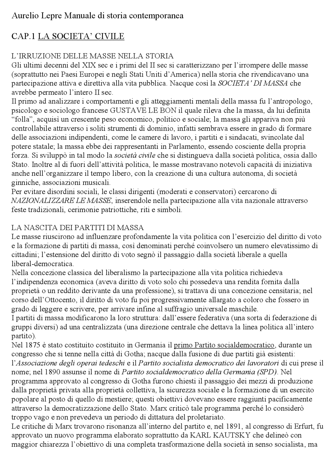 STORIA CONTEMPORANEAfine 800 fino a seconda guerra mondiale - Docsity