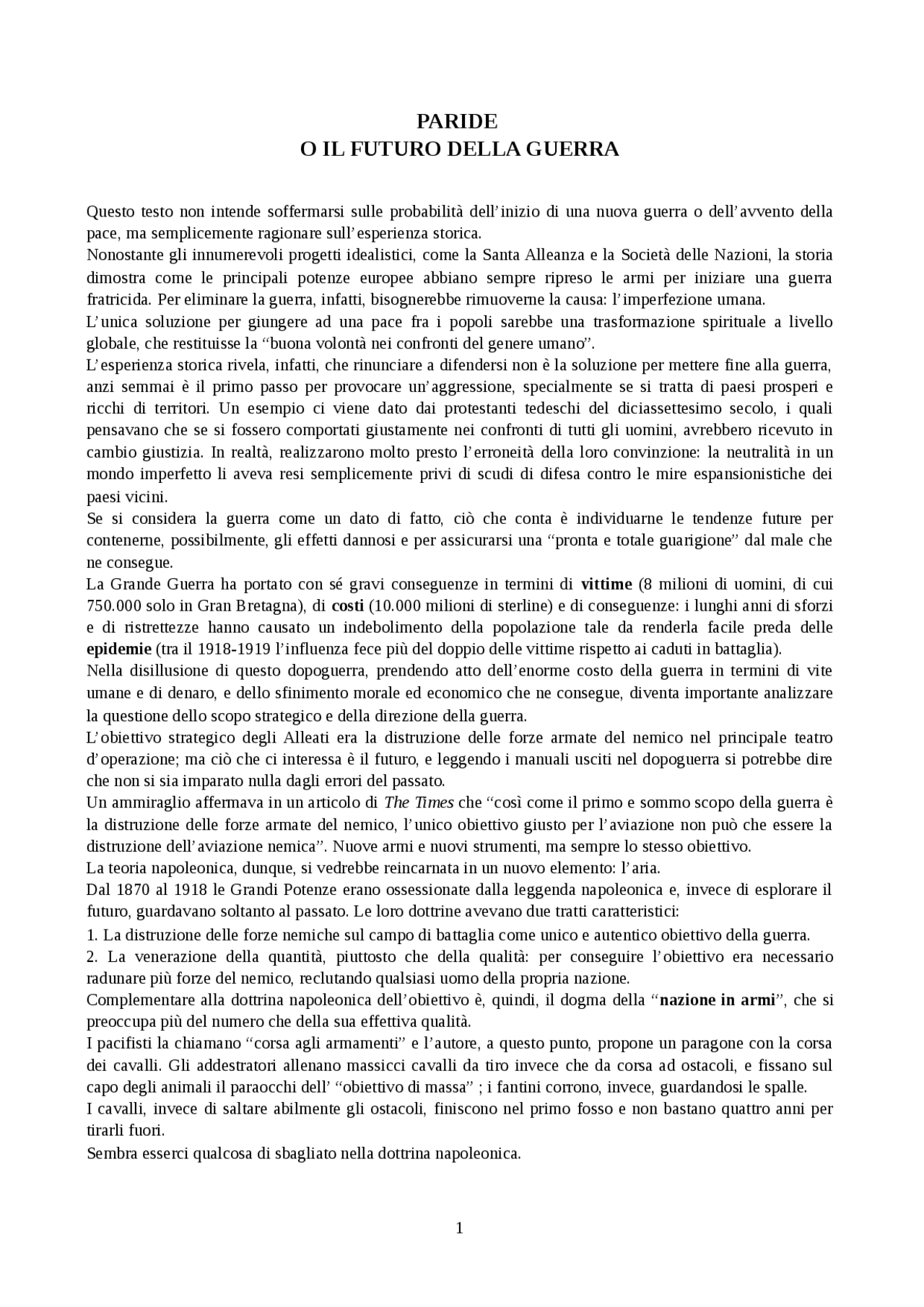 Riassunto- Paride o il futuro della guerra - Docsity