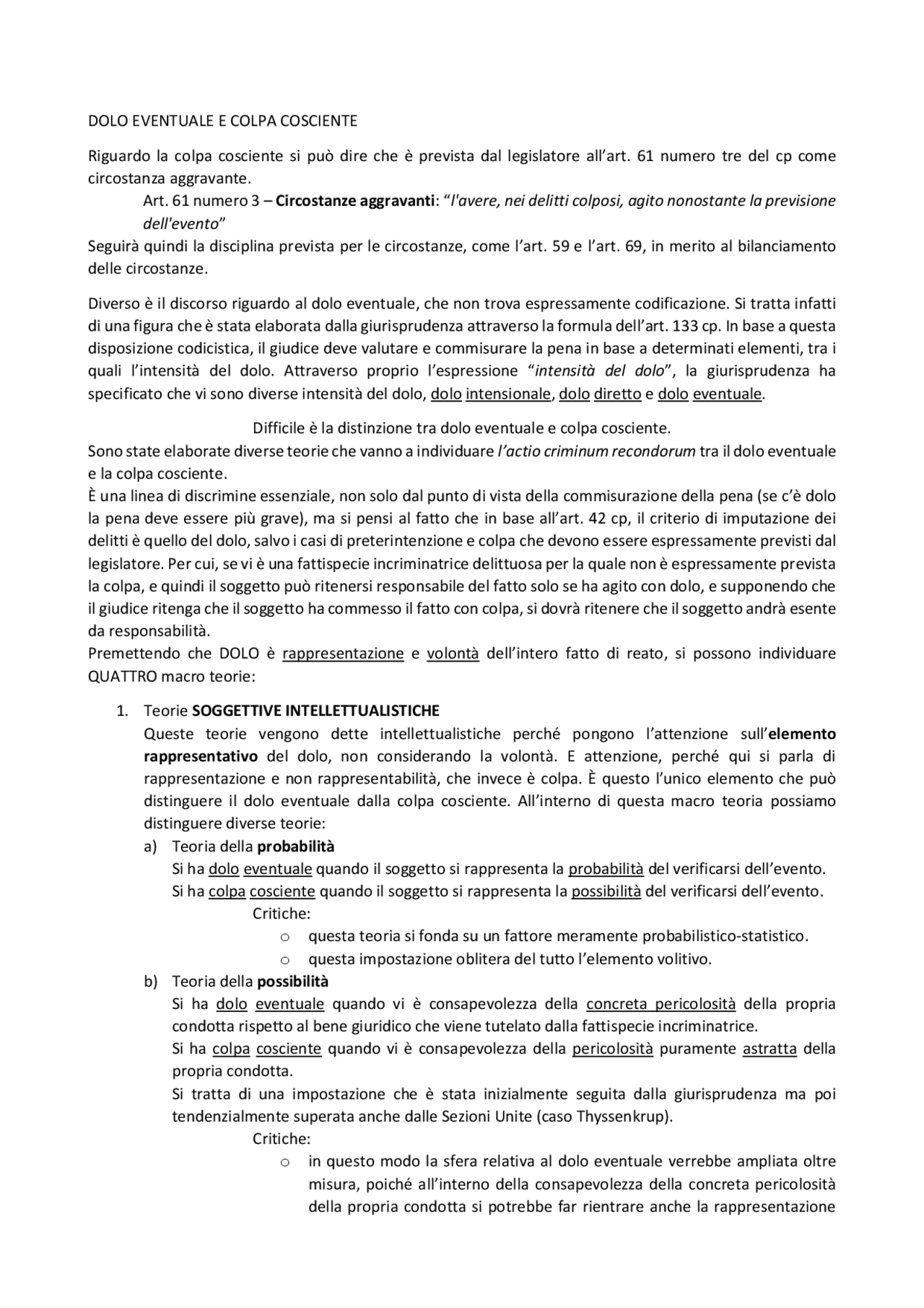 Dolo eventuale e colpa cosciente - Docsity