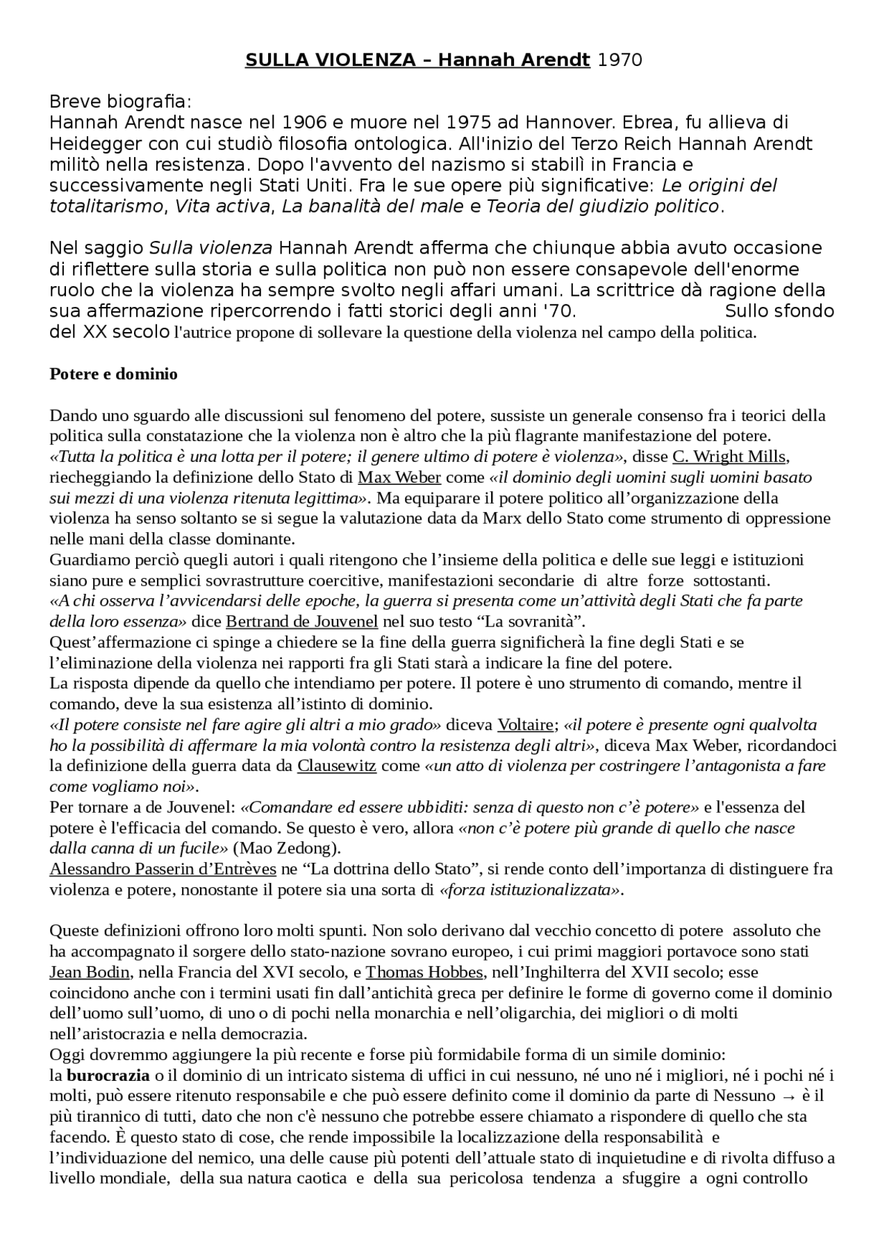 Sulla Violenza Hanna Arendt Docsity