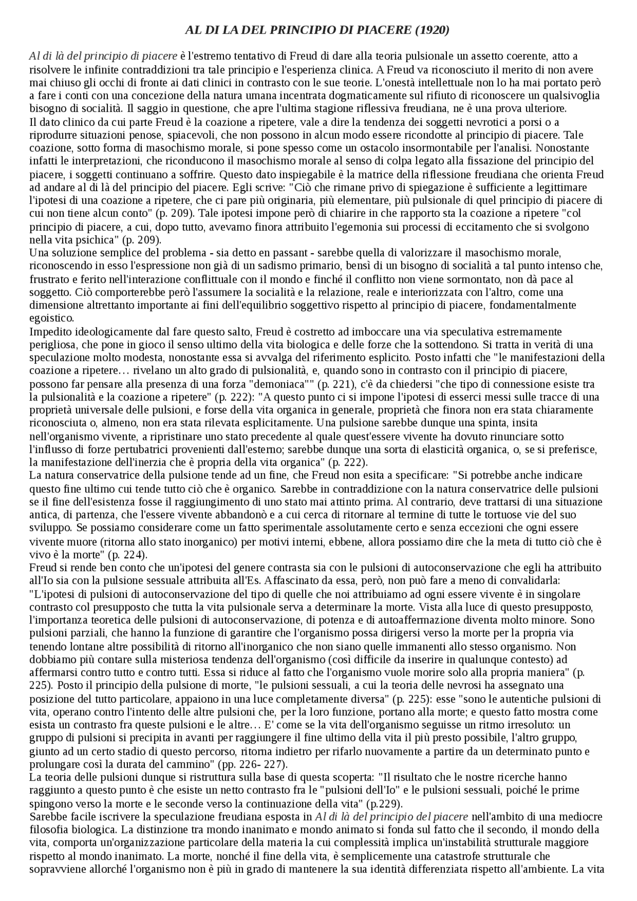 Al Di Là Del Principio Di Piacere Docsity