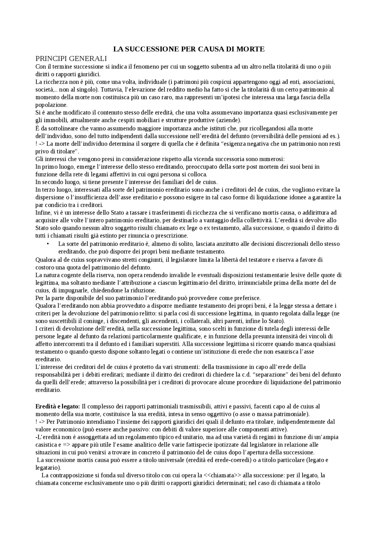 La successione per causa di morte- PRINCIPI GENERALI - cap LXXIV Torrente-Schlesinger - Docsity