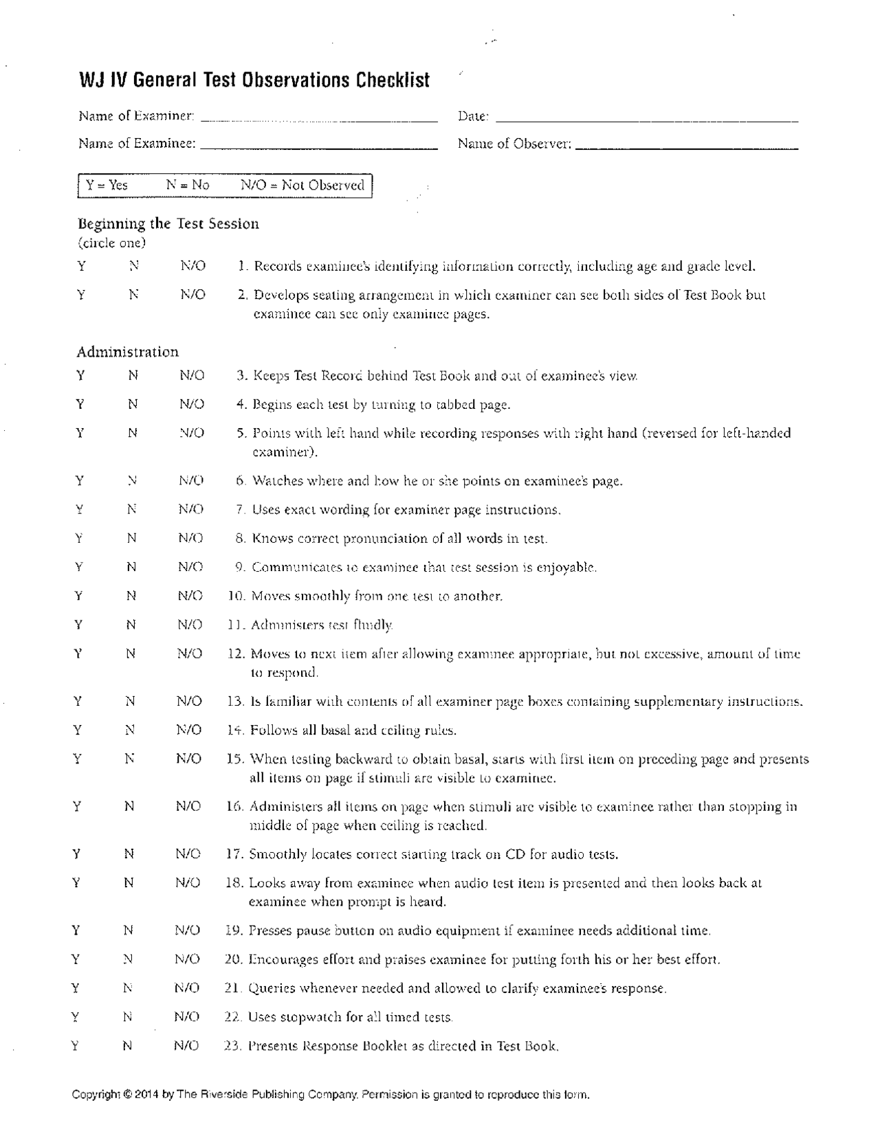 WJ IV general test observations checklist (1) - Docsity