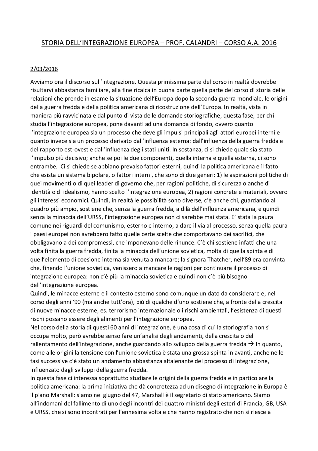 Appunti Storia Dellintegrazione Europea Calandri Unipd 2016 Docsity