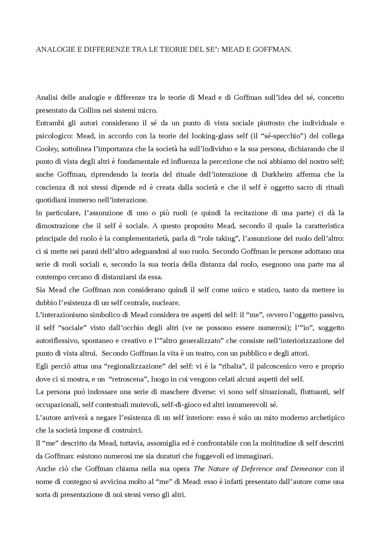 Appunti sociologia del sè mead e goffman - Docsity