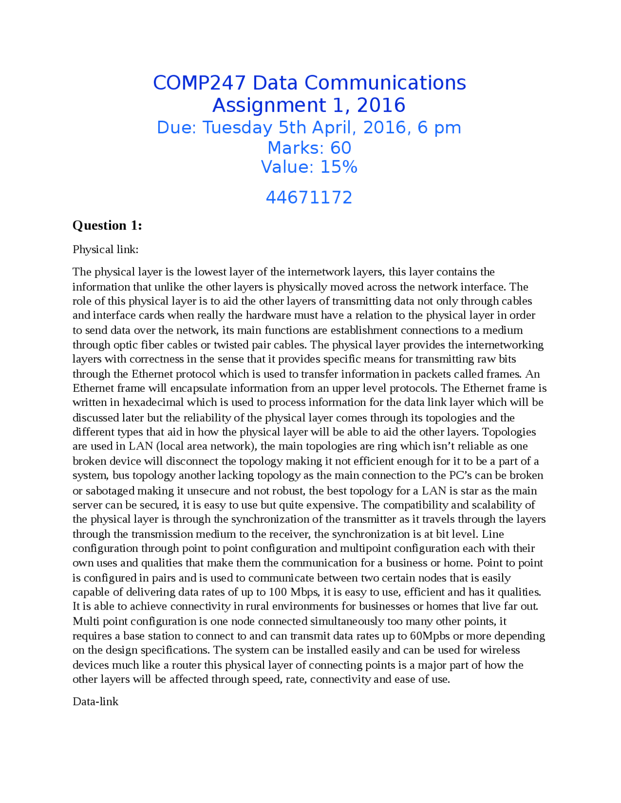 Comp247 Data Communications Lecture Notes Computers And Information Technologies Docsity