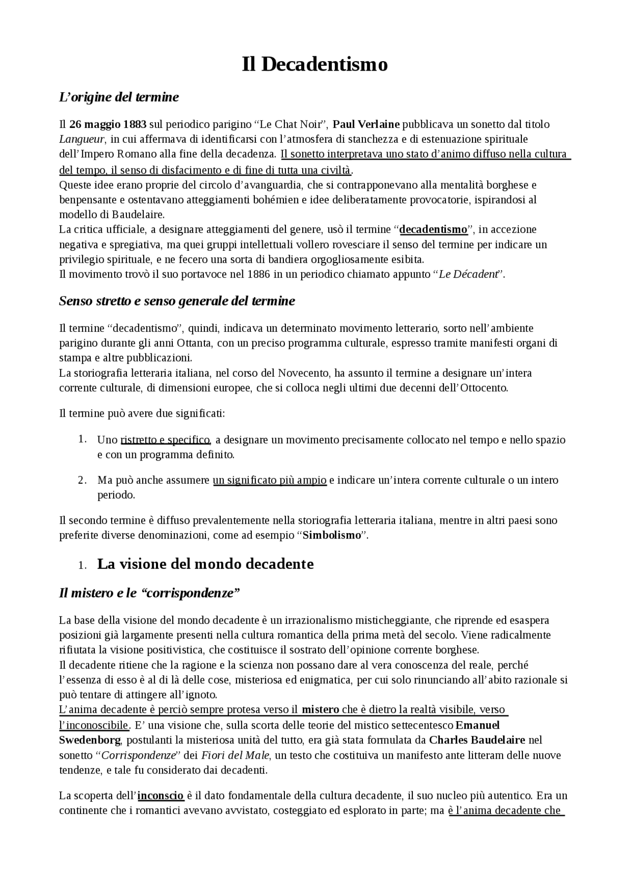 Letteratura Italiana Il Decadentismo Docsity