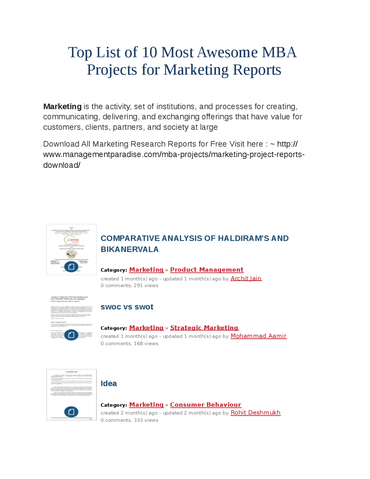 Top list of 10 most awesome mba projects for marketing reports - Docsity