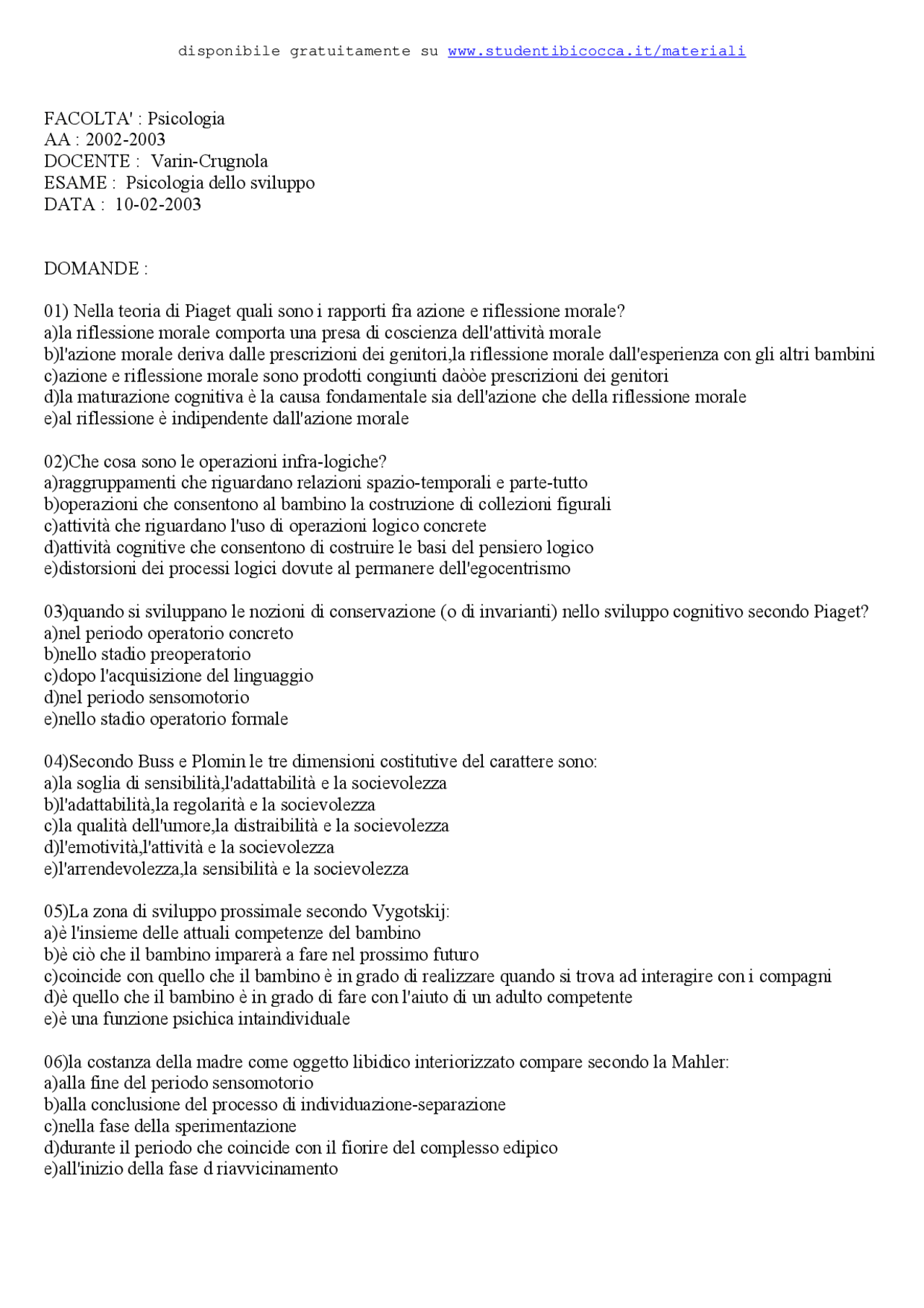 Psicologia Dello Sviluppo Domande Docsity
