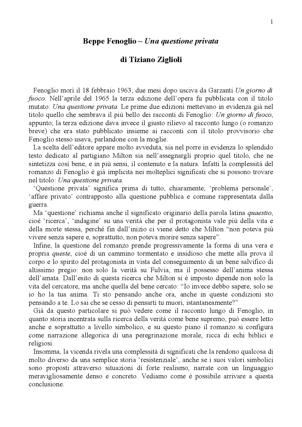 Beppe Fenoglio Una Questione Privata Docsity