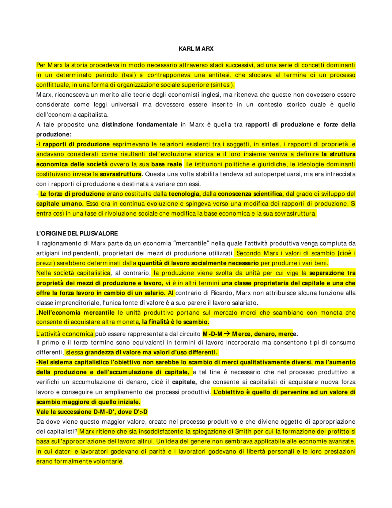 Marx e l'origine del plusvalore - Docsity