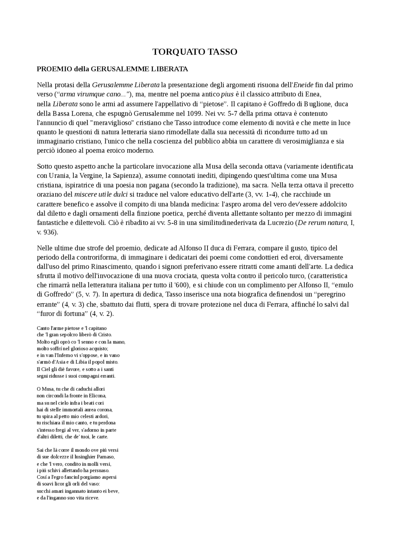 Tasso La Gerusalemme Liberata Docsity