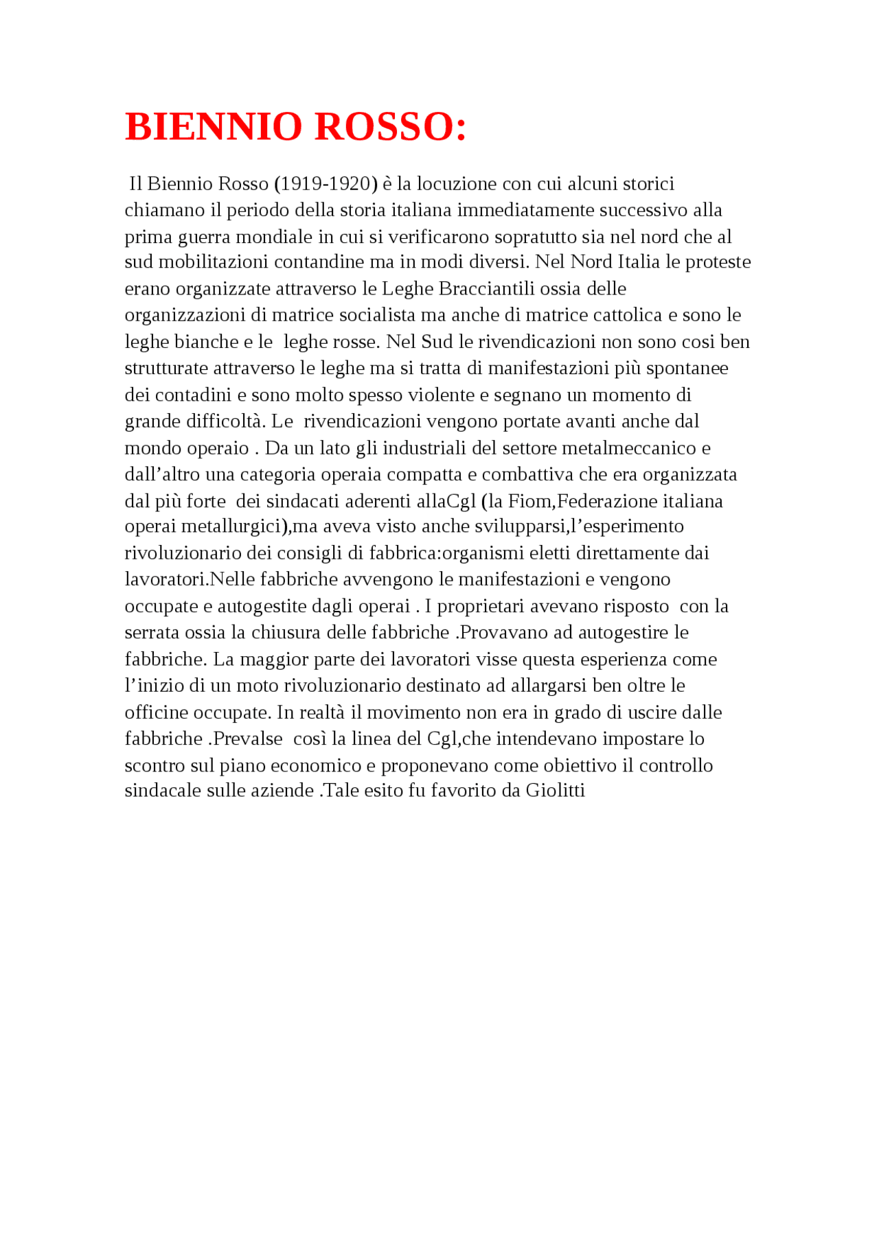 Biennio Rosso Docsity