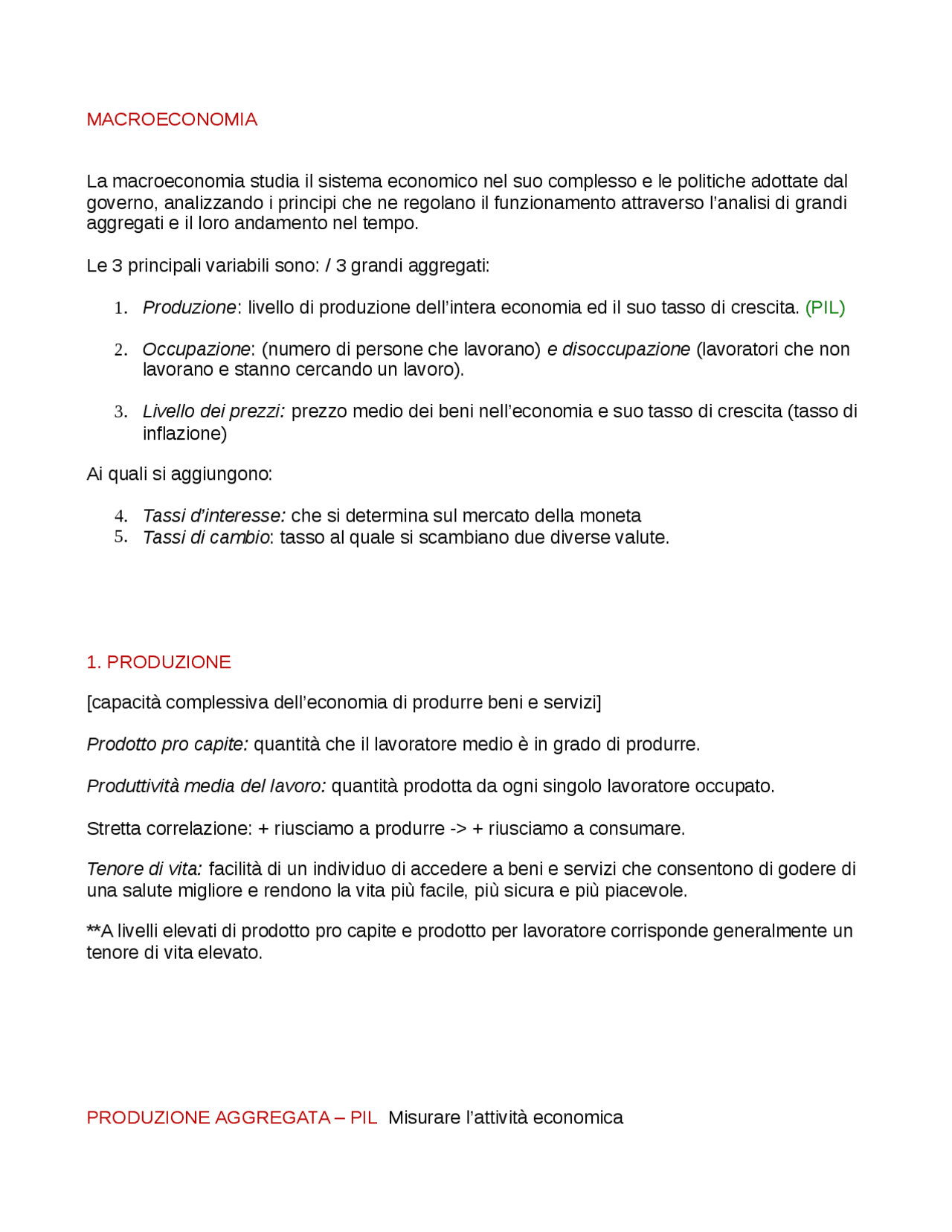 Sintesischemi Macroecononomia Produzione Prezzi Inflazione
