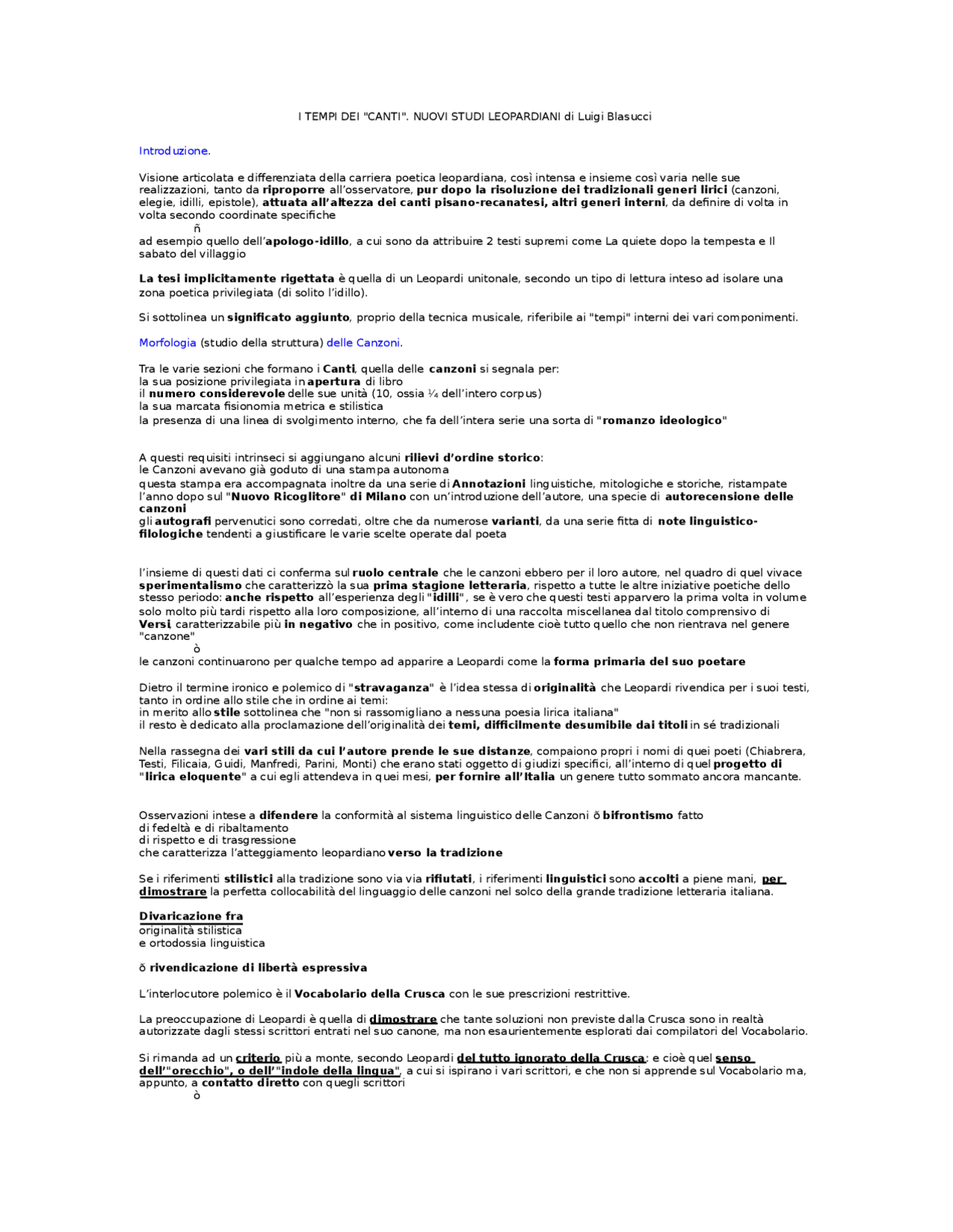 I Canti Di Leopardi Riassunto Blasucci Docsity