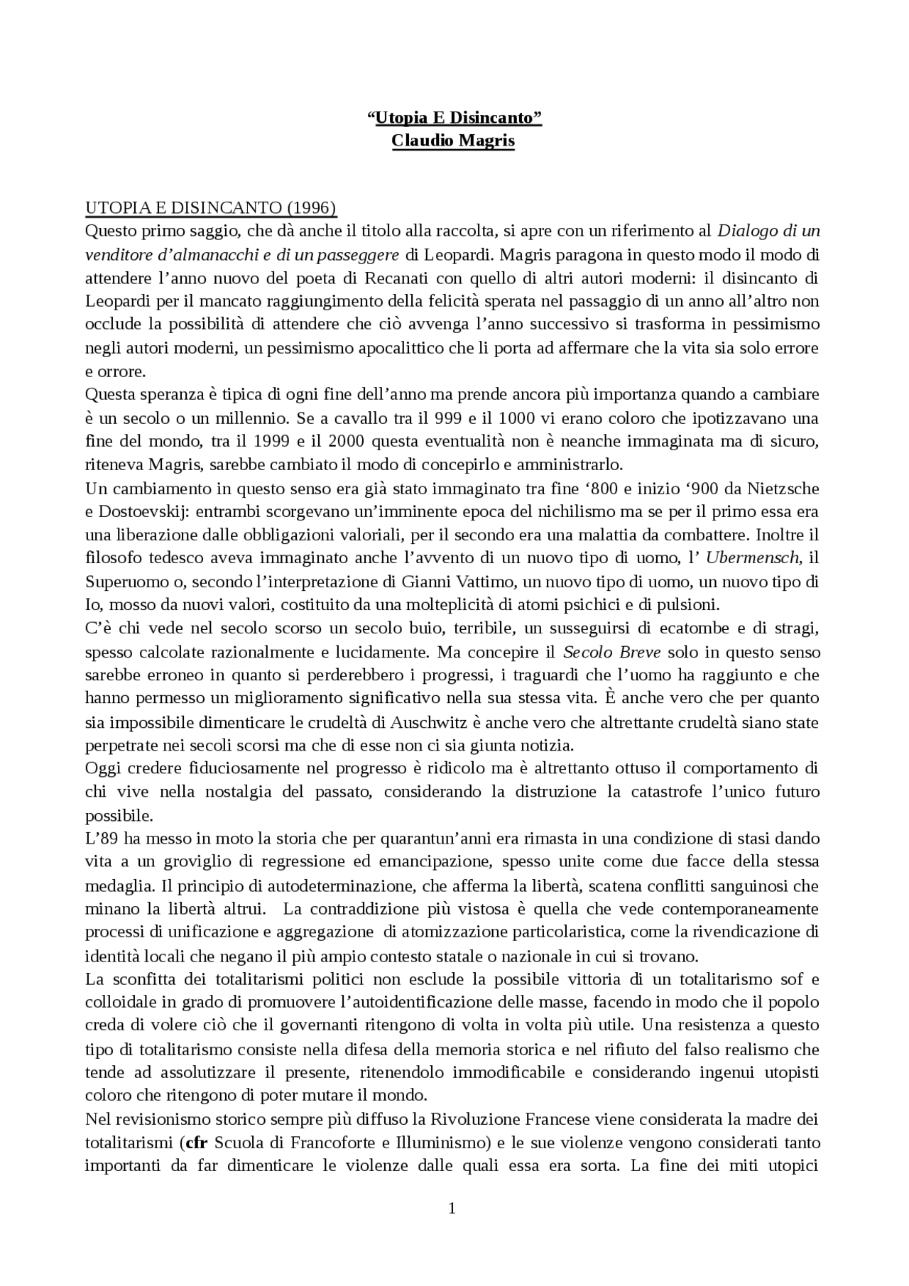 Utopia e disincanto - Claudio Magris RIASSUNTO - Docsity