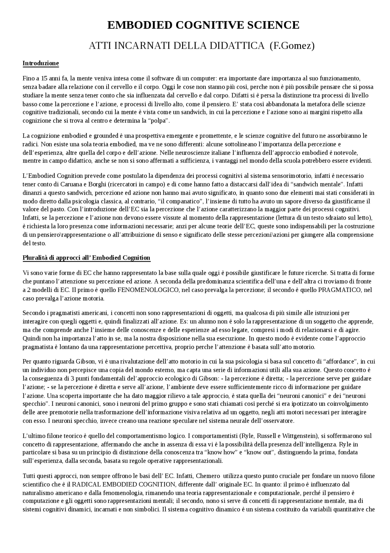 Riassunto libro Embodied cognitive science. Atti incarnati della didattica. F. Gomez - Docsity