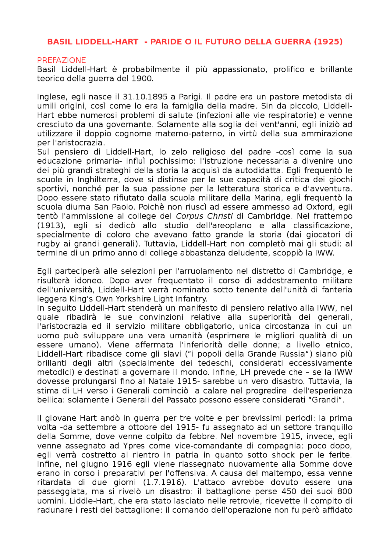 "Paride o il futuro della guerra" - Basil Henry Liddell-Hart - Docsity