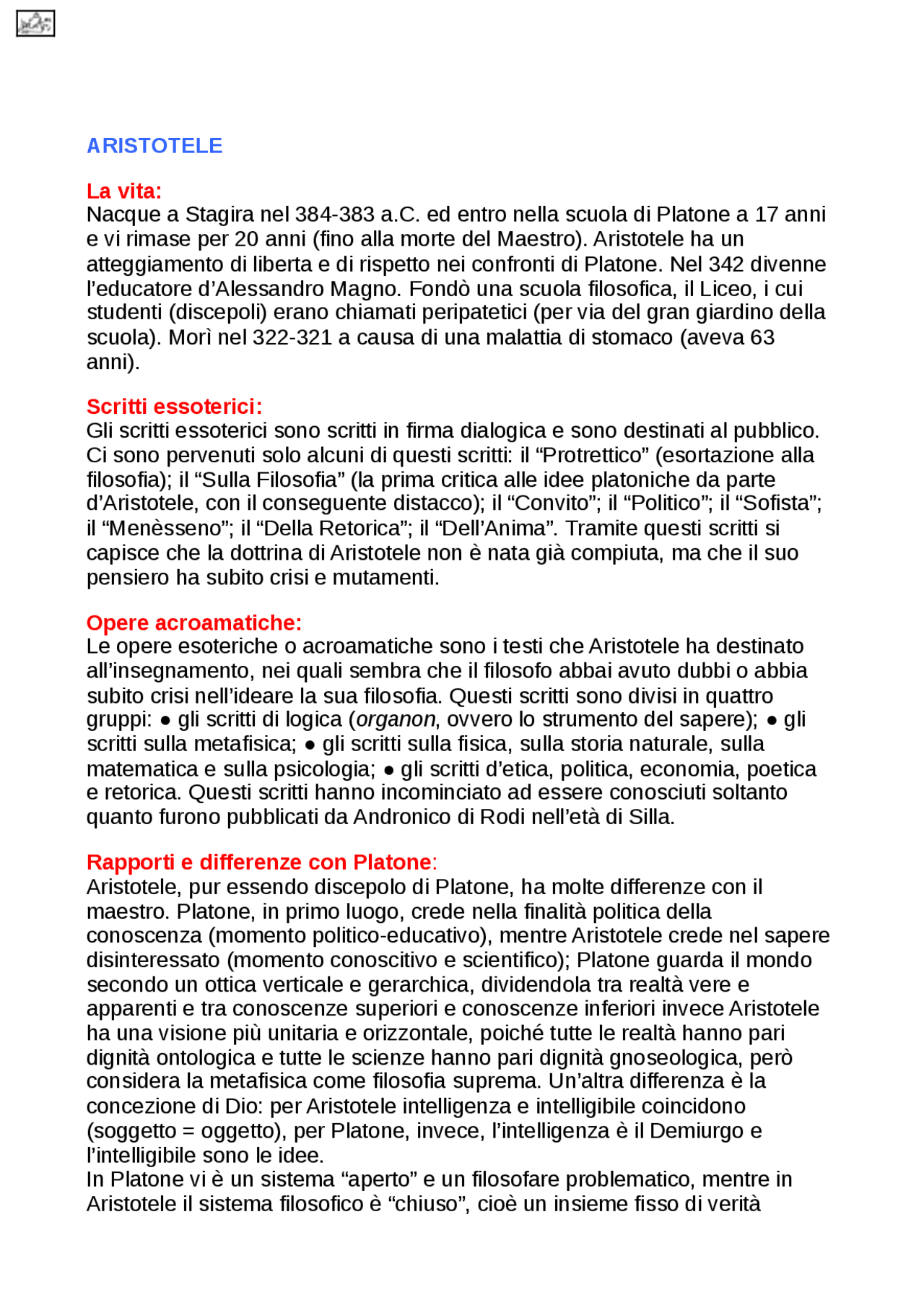Aristotele Schemi E Riassunto Docsity