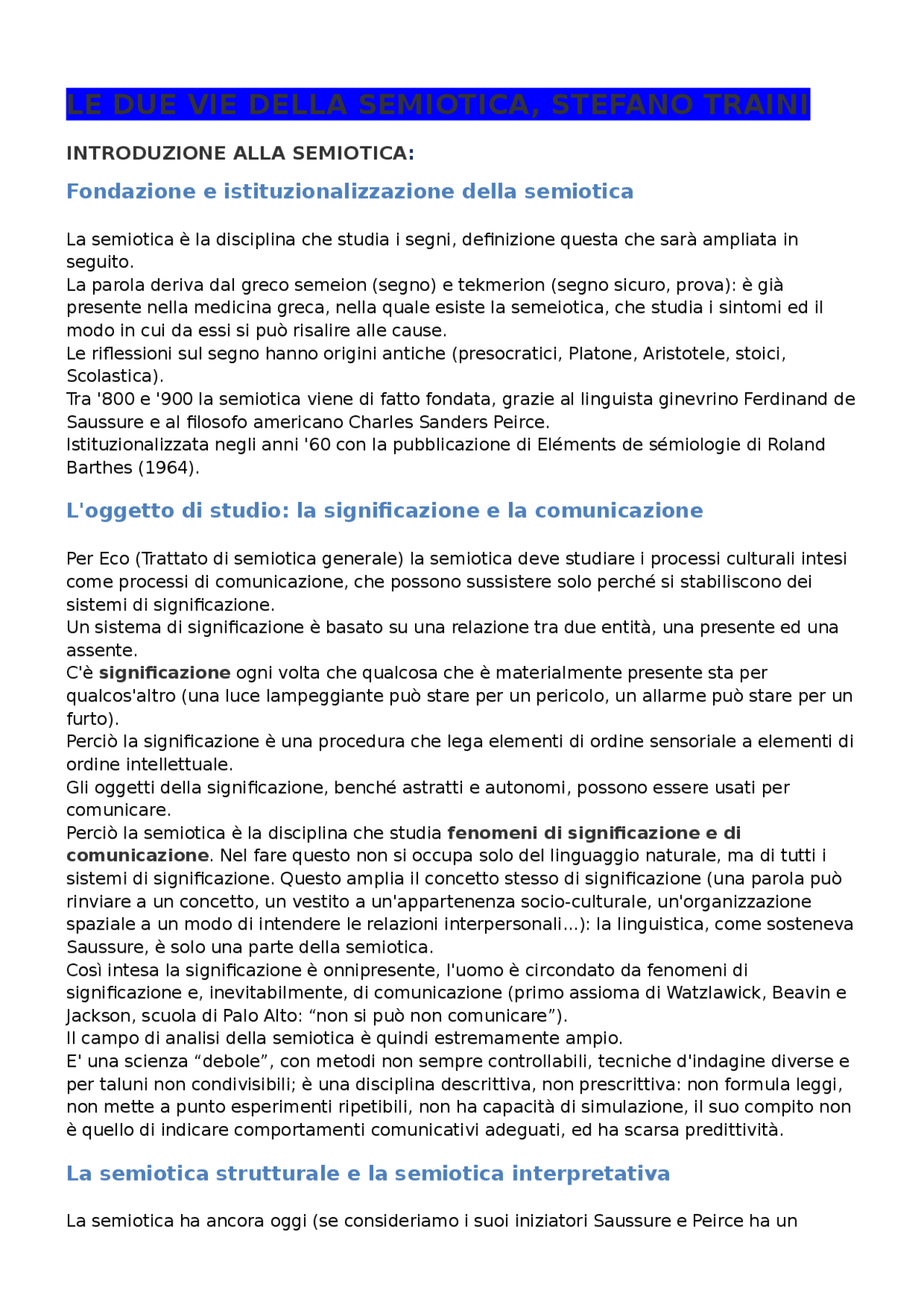 Le Due Vie Della Semiotica Stefano Traini Docsity