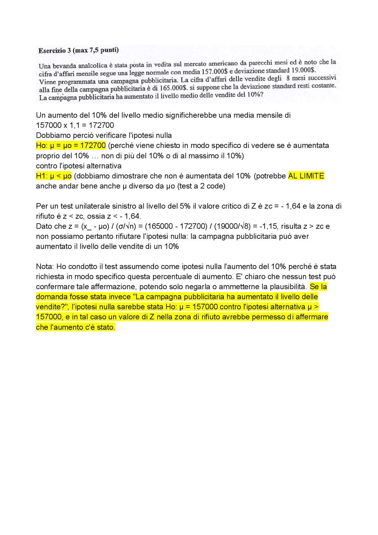 Esercizi Statistica Docsity