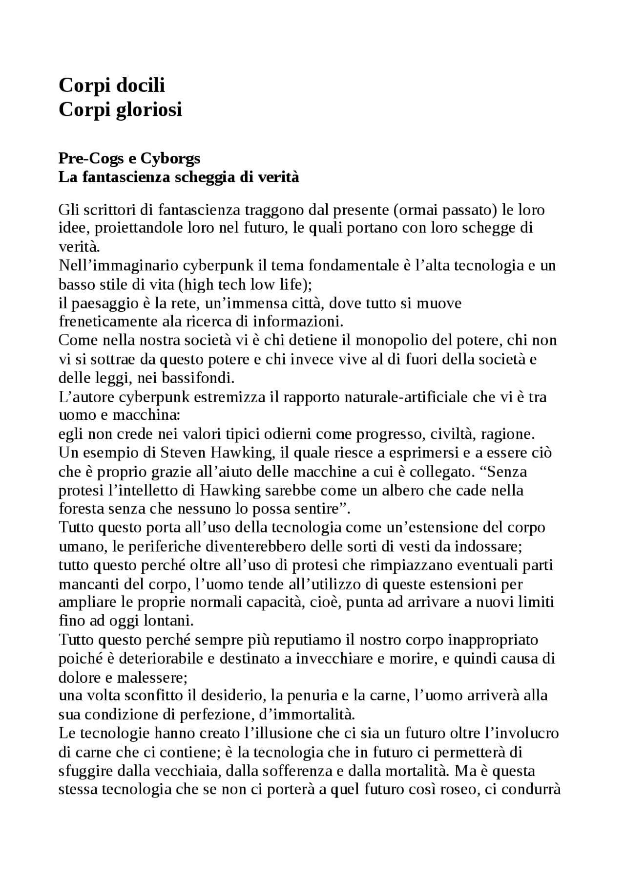 Riassunto Corpi Docili Corpi Gloriosi Docsity