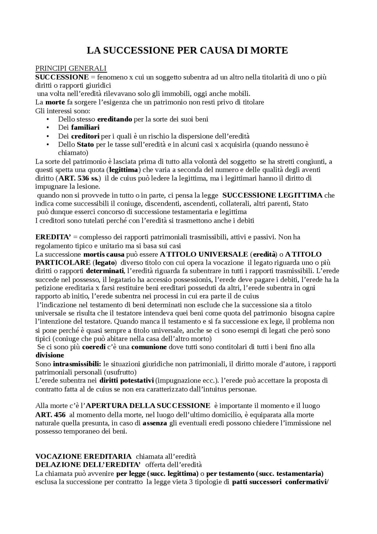 La successione per causa di morte - Docsity