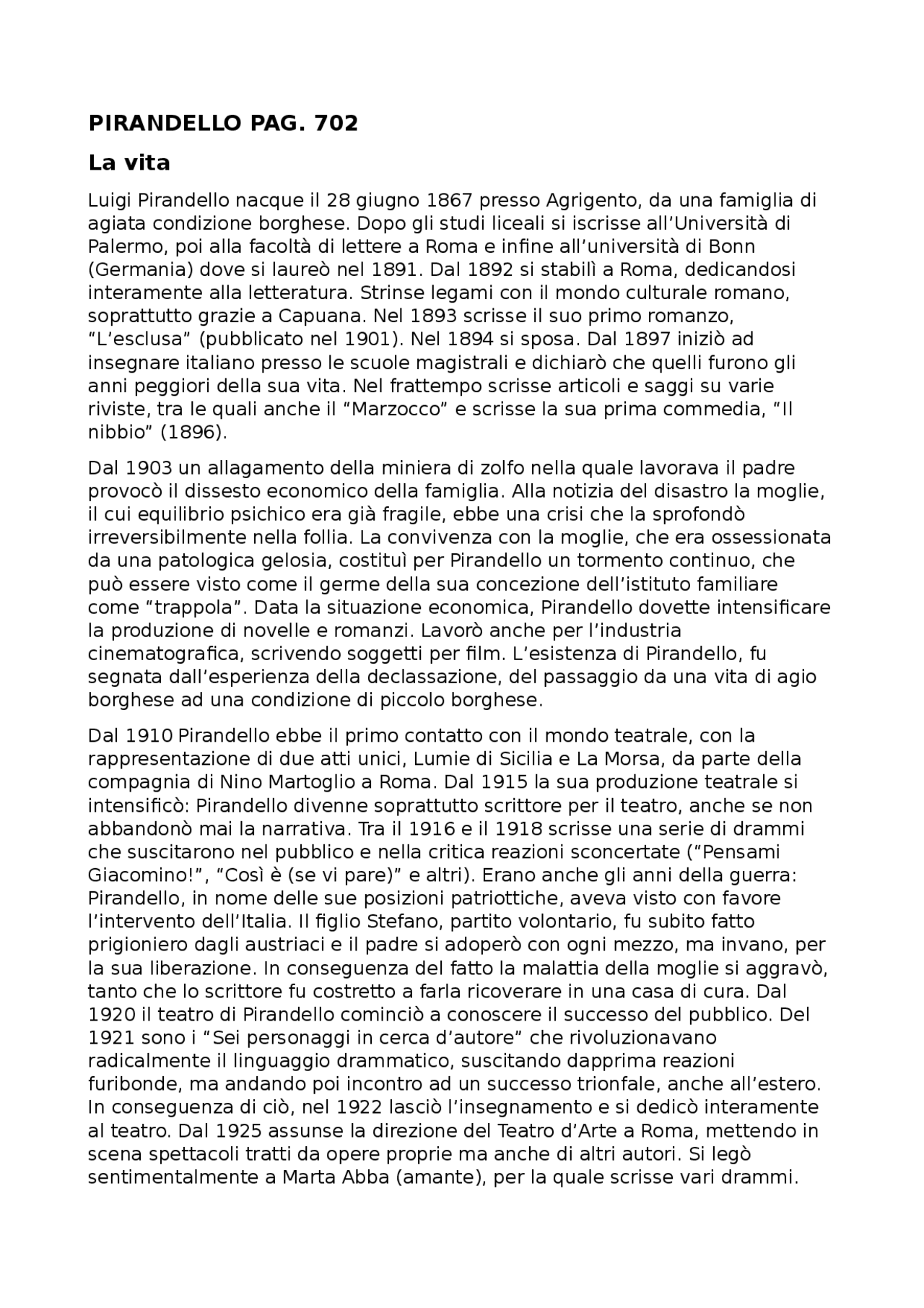 Pirandello | Appunti di Lingue e letterature classiche | Docsity
