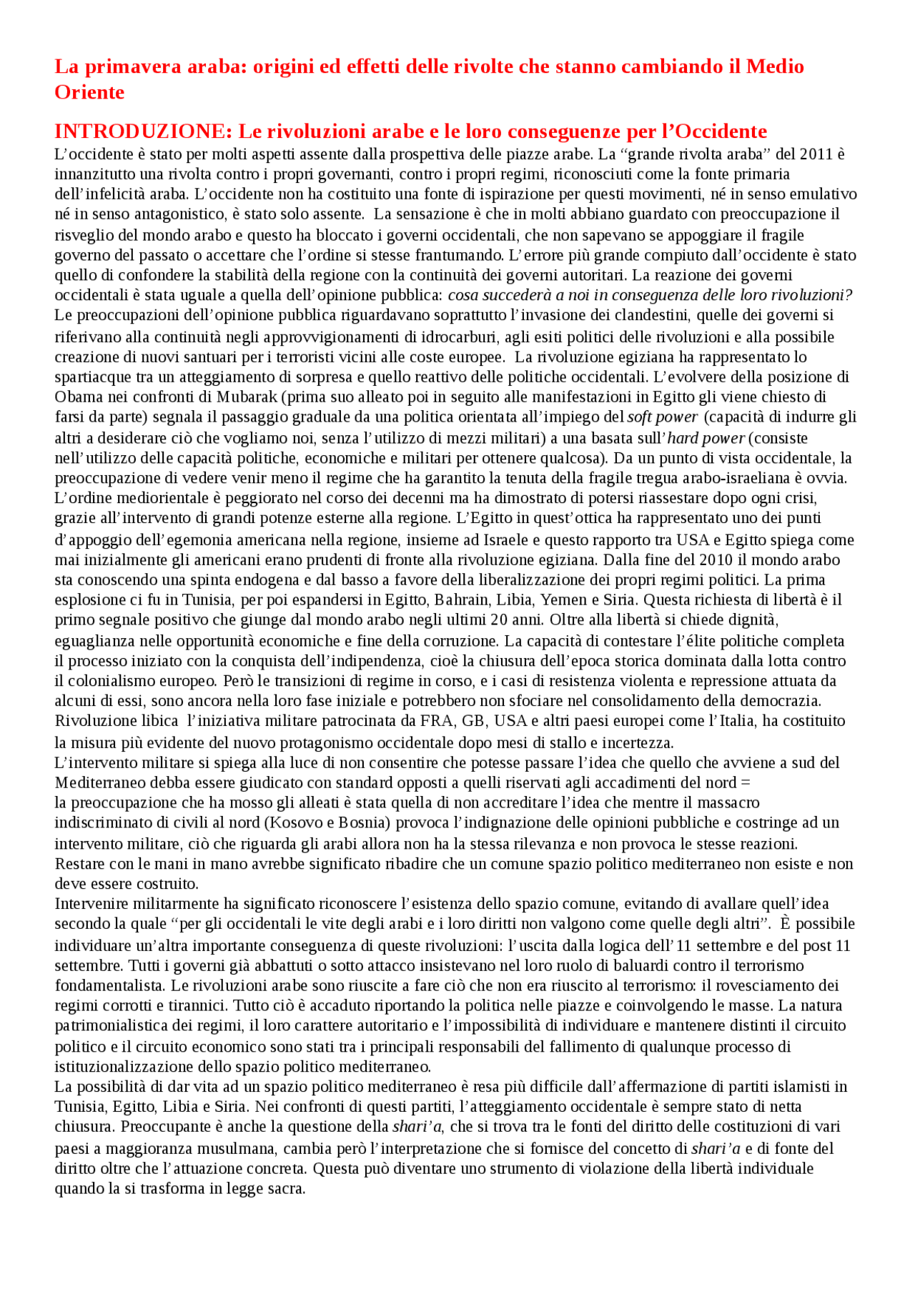 La primavera araba (riassunto libro) - Docsity