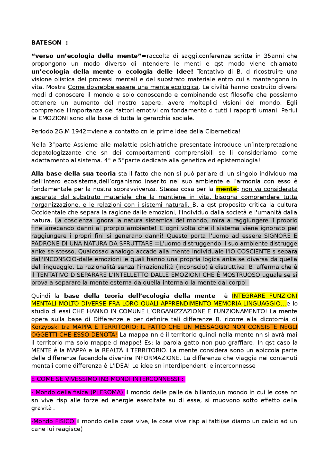 Bateson Appunti Verso Unecologia Della Mente Docsity