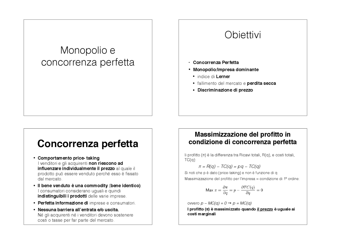 Monopolio e concorrenza perfetta - Docsity