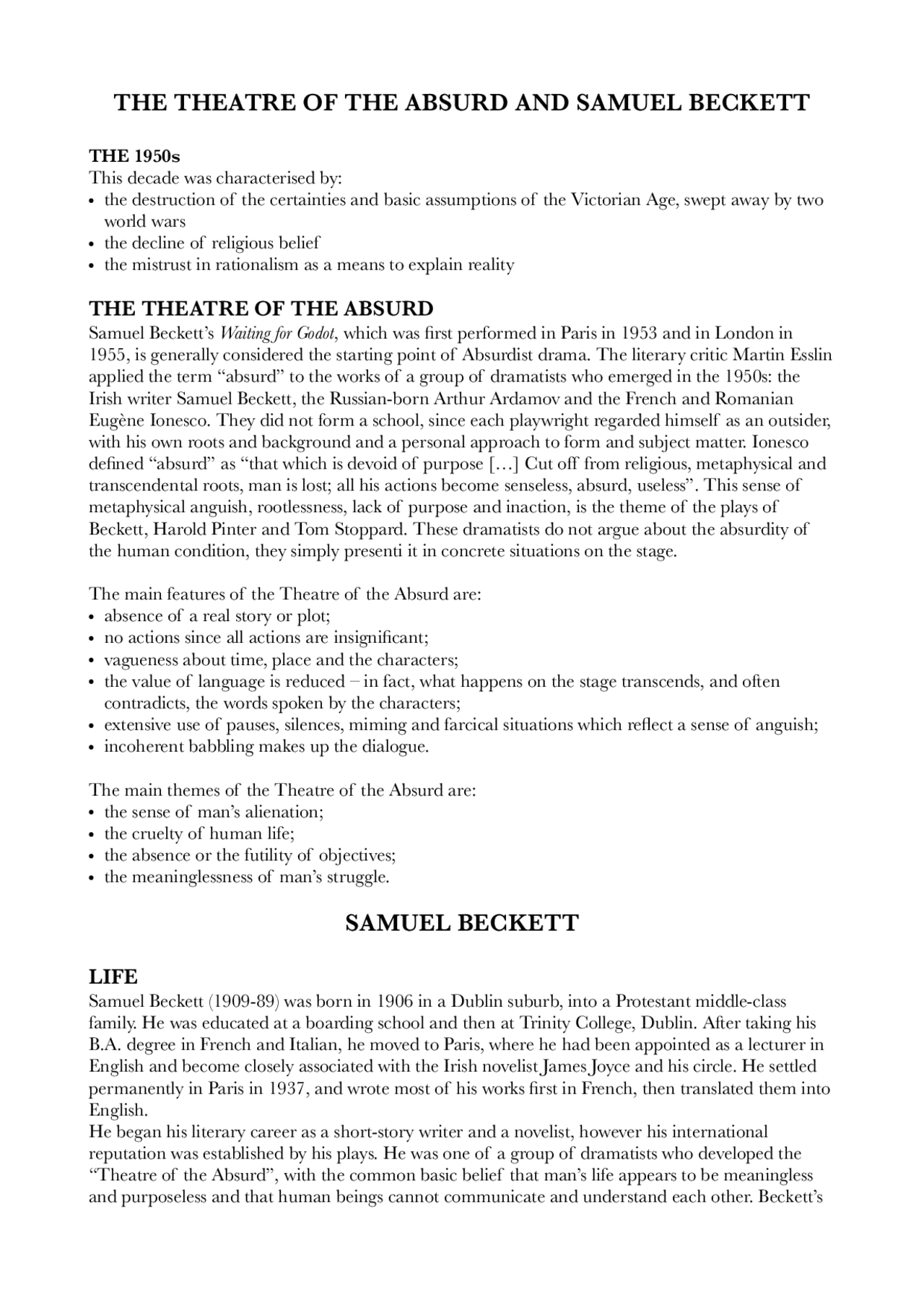 Theatre of the absurd and beckett - Docsity