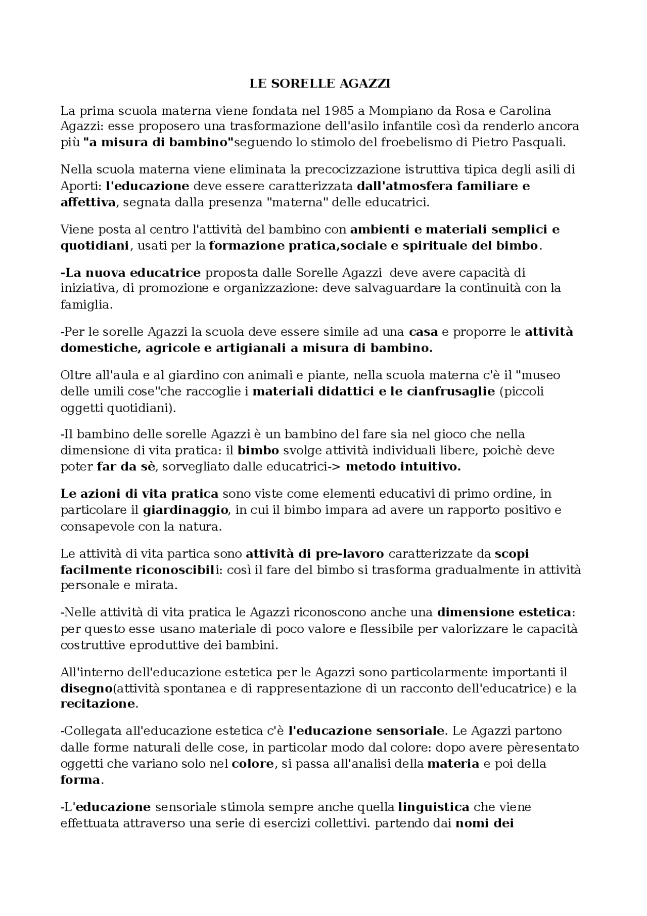 Le sorelle agazzi | Notes de Storia Della Pedagogia | Docsity