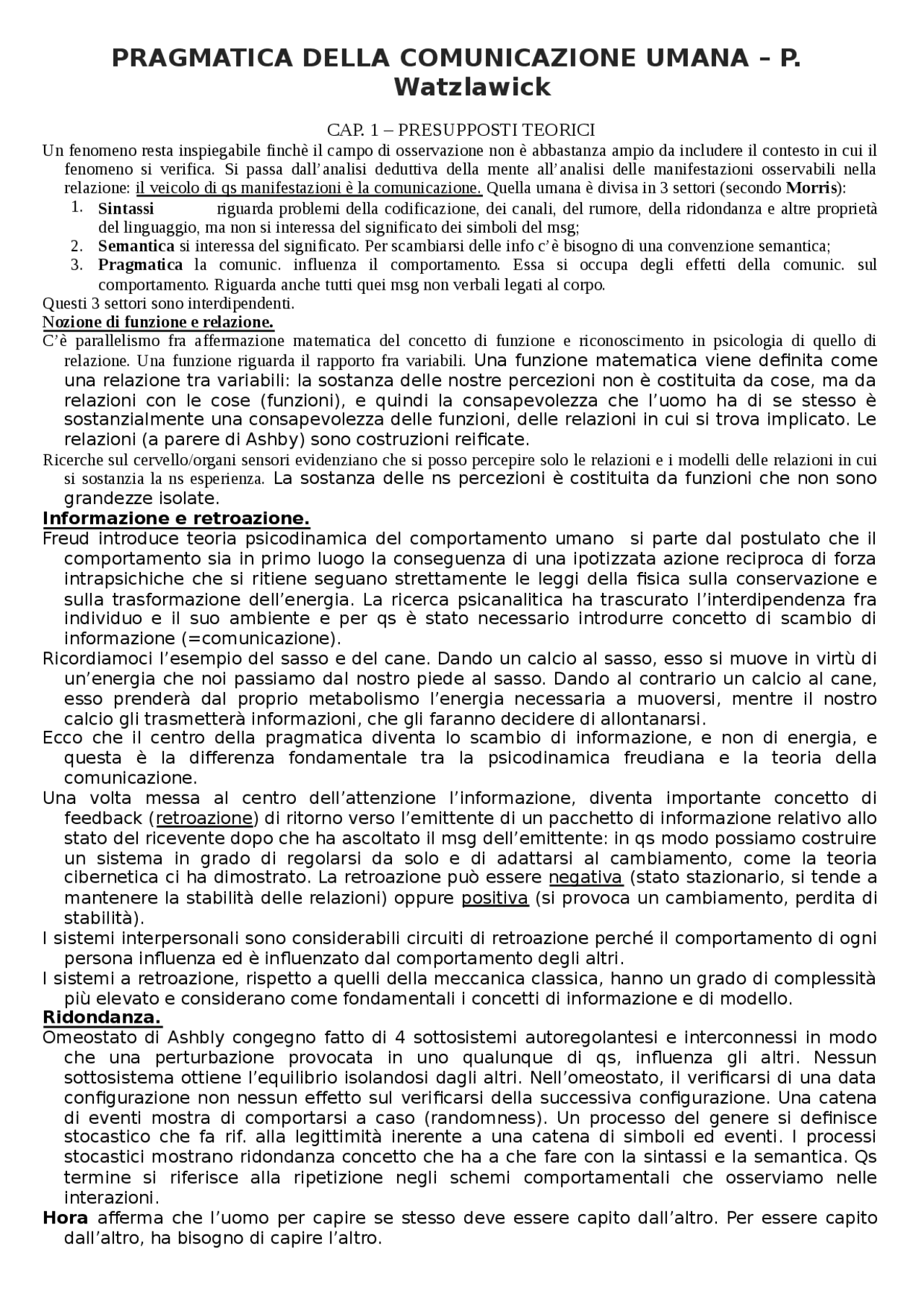 Pragmatica Della Comunicazione Umana Watzlawick Docsity